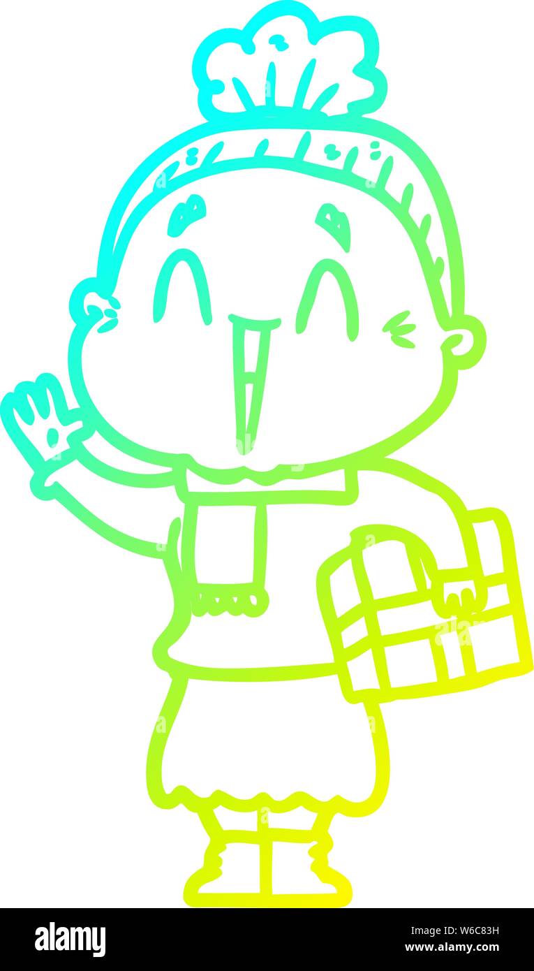 cold gradient line drawing of a cartoon happy old lady Stock Vector ...