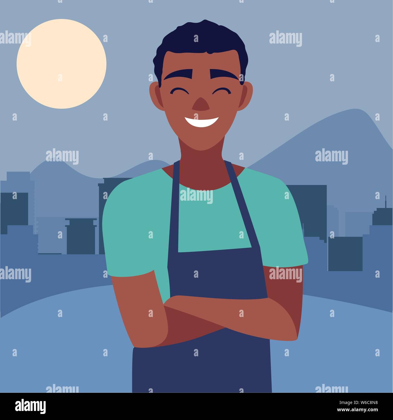 young seller man character with apron outdoors vector illustration ...