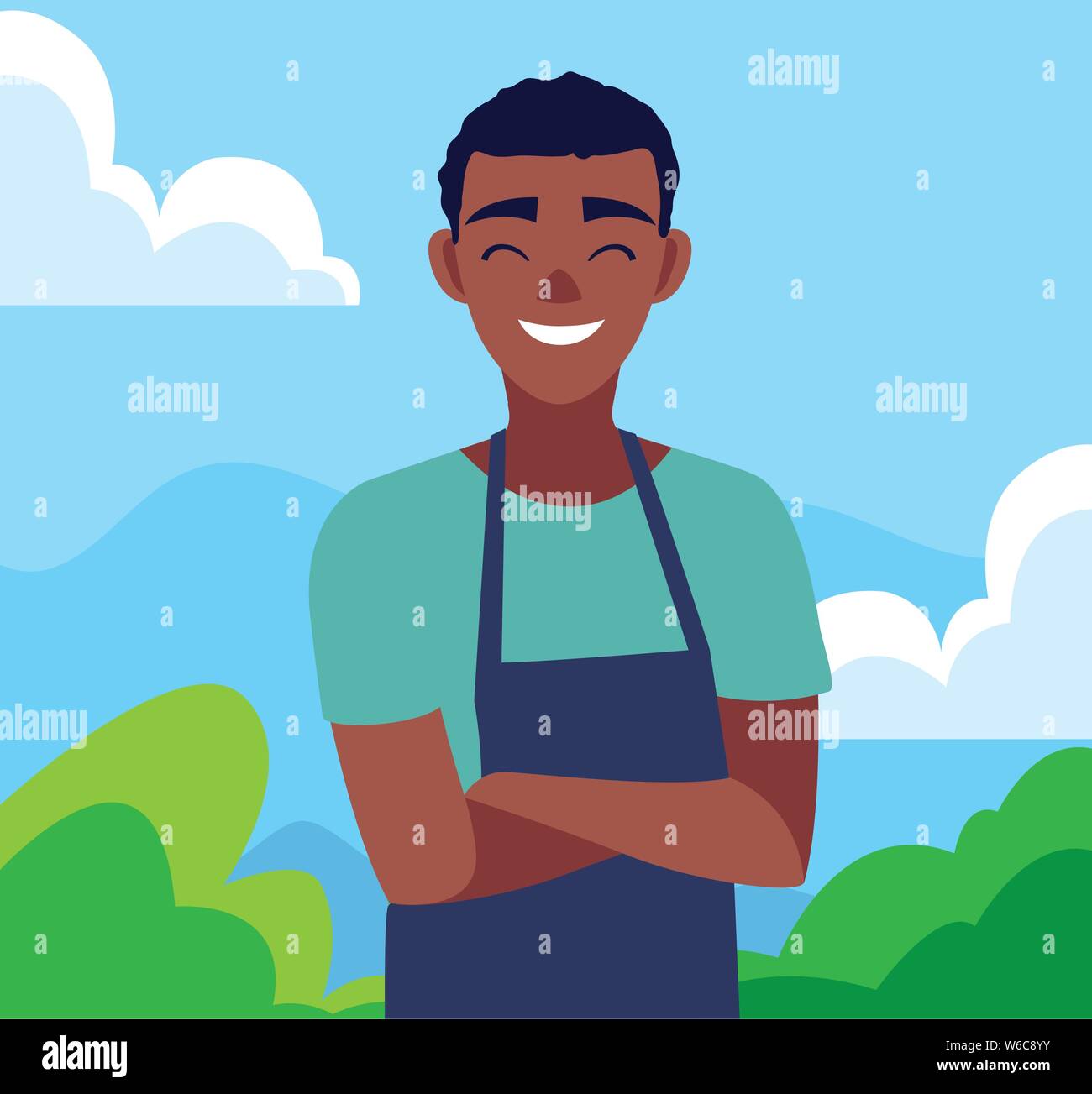 young seller man character with apron outdoors vector illustration ...