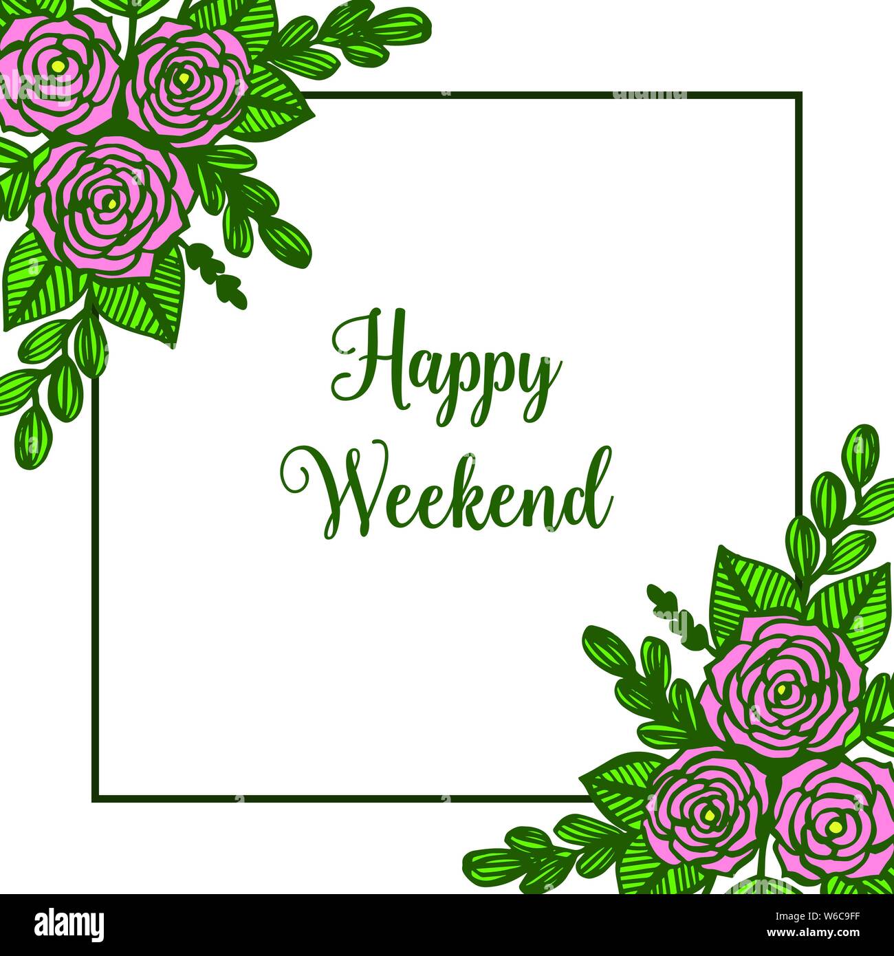 Poster and design element, happy weekend, green leafy flower frame ...