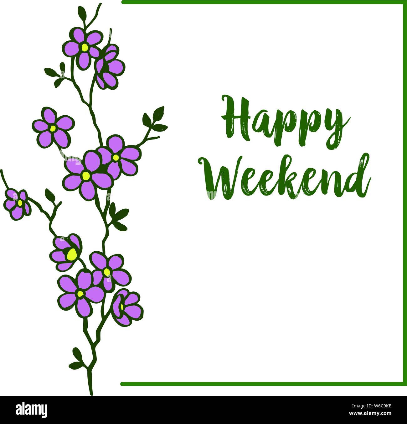 Modern frame, card happy weekend, bright purple flower. Vector ...