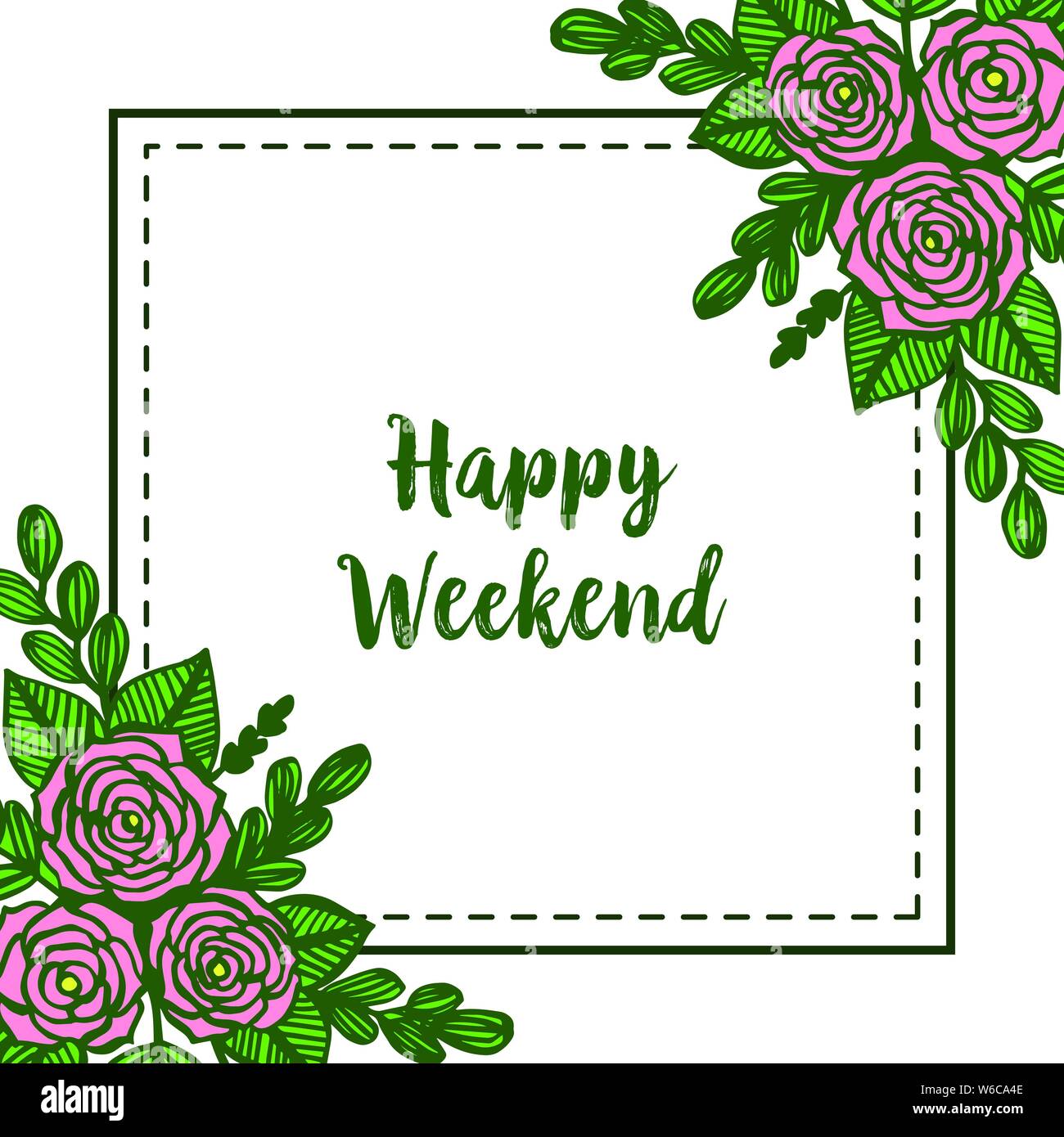 Poster and design element, happy weekend, green leafy flower frame ...