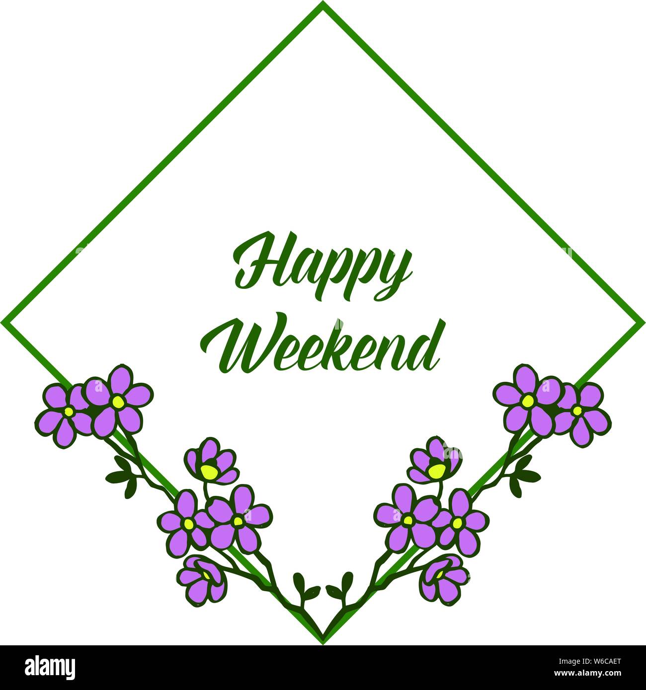 Banner happy weekend, decoration cute purple floral frame. Vector ...