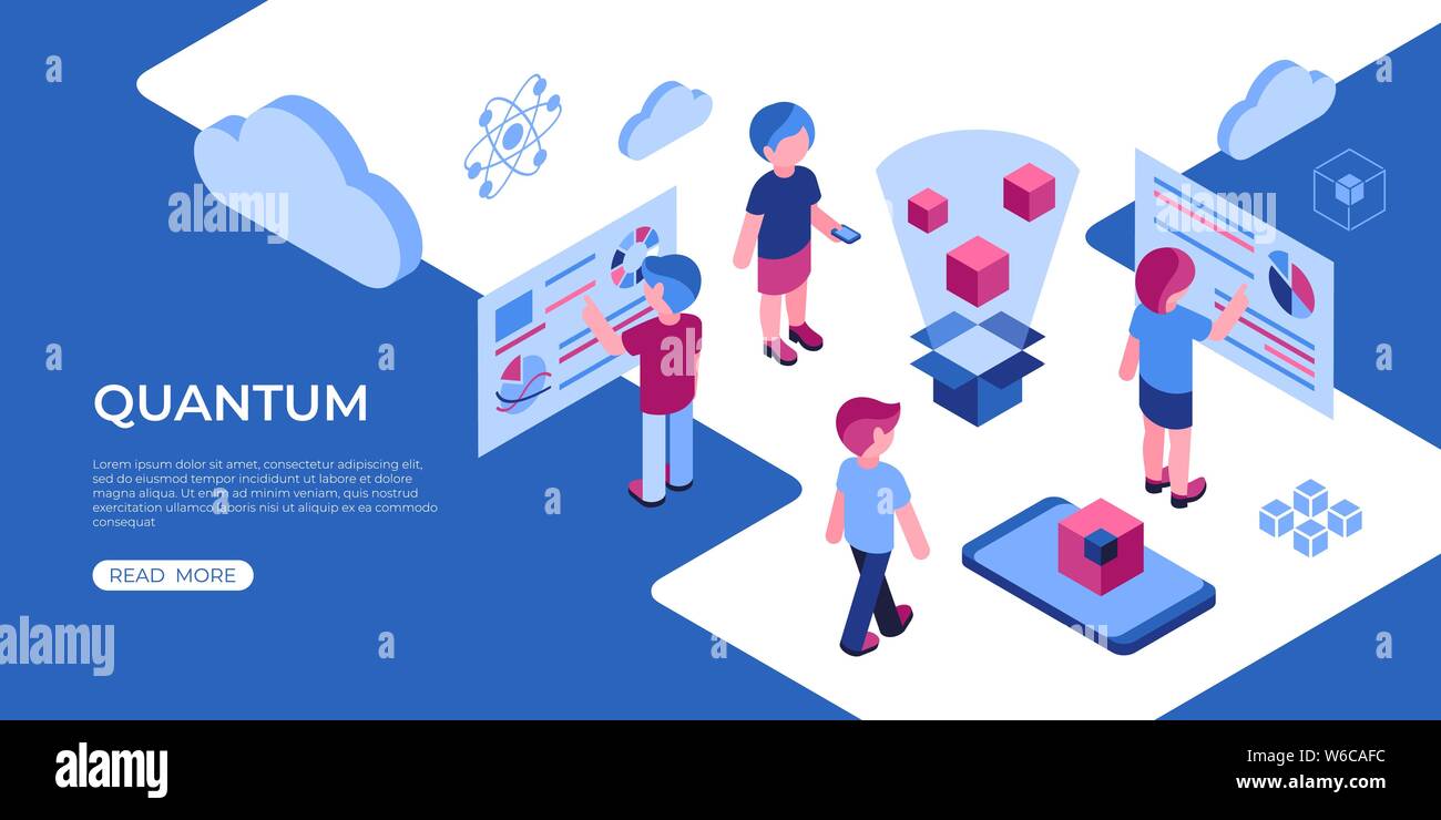 Artificial quantum computing technology isometric 3d icons infographics with people, digital ...