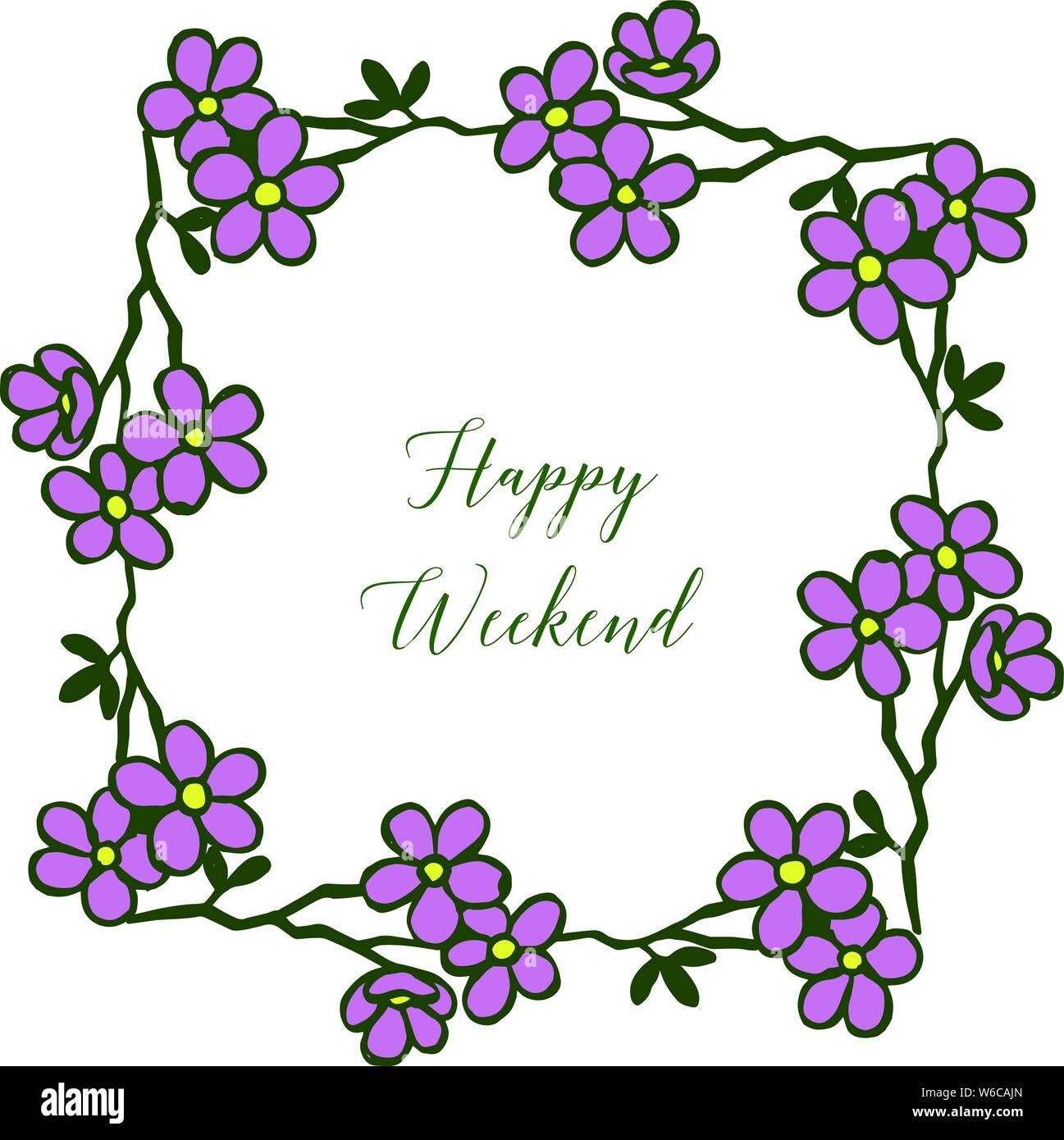 Banner happy weekend, decoration cute purple floral frame. Vector ...