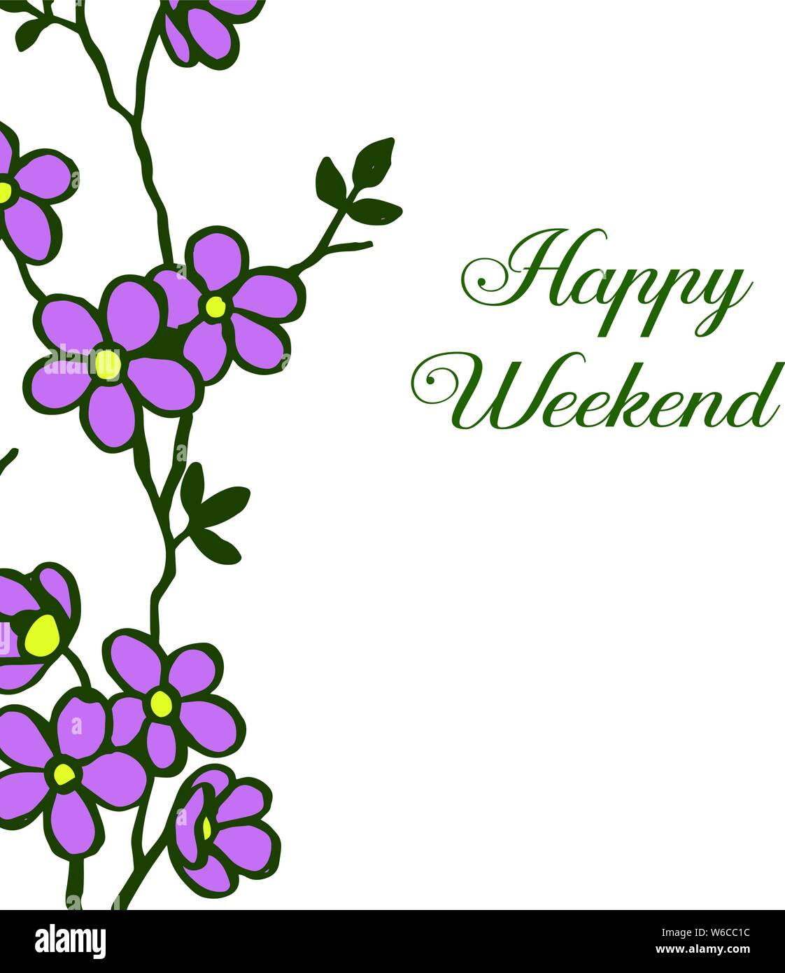 Modern frame, card happy weekend, bright purple flower. Vector ...