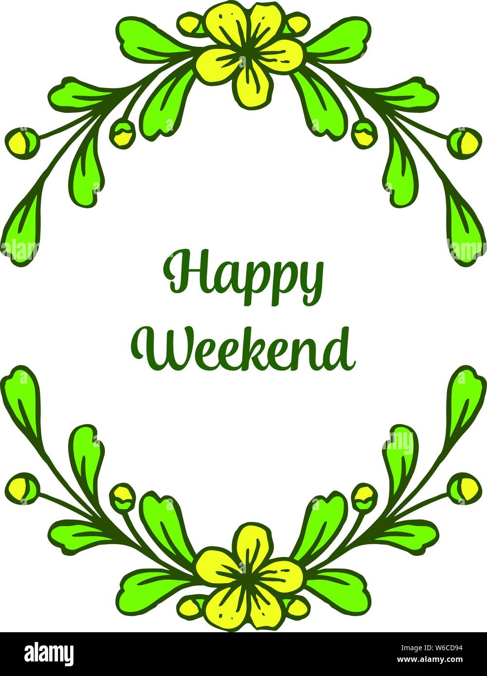 Happy weekend, artwork of yellow wreath frame and green leaves. Vector ...