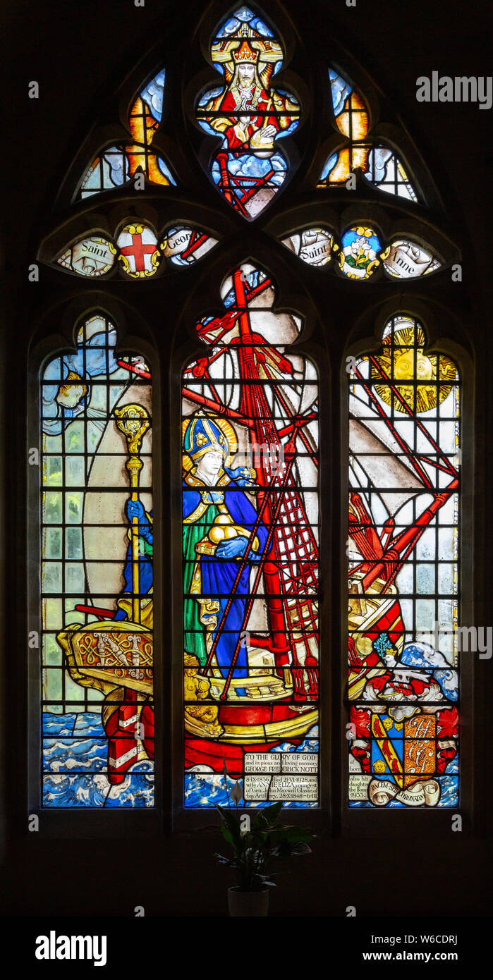Stained glass window of Saint Nicholas standing in ship by Martin ...