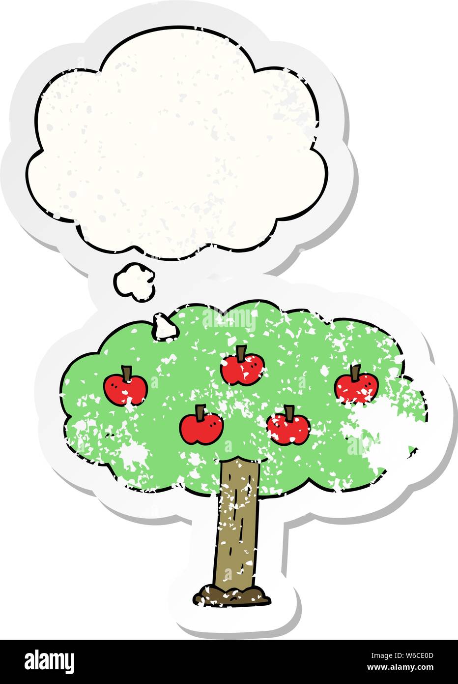 cartoon apple tree with thought bubble as a distressed worn sticker ...