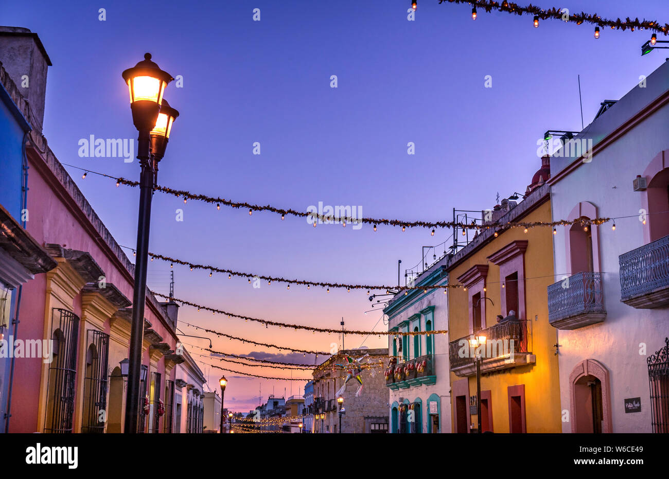 Colorful Mexican Red Yellow Illuminated Street Street Lights Evening ...