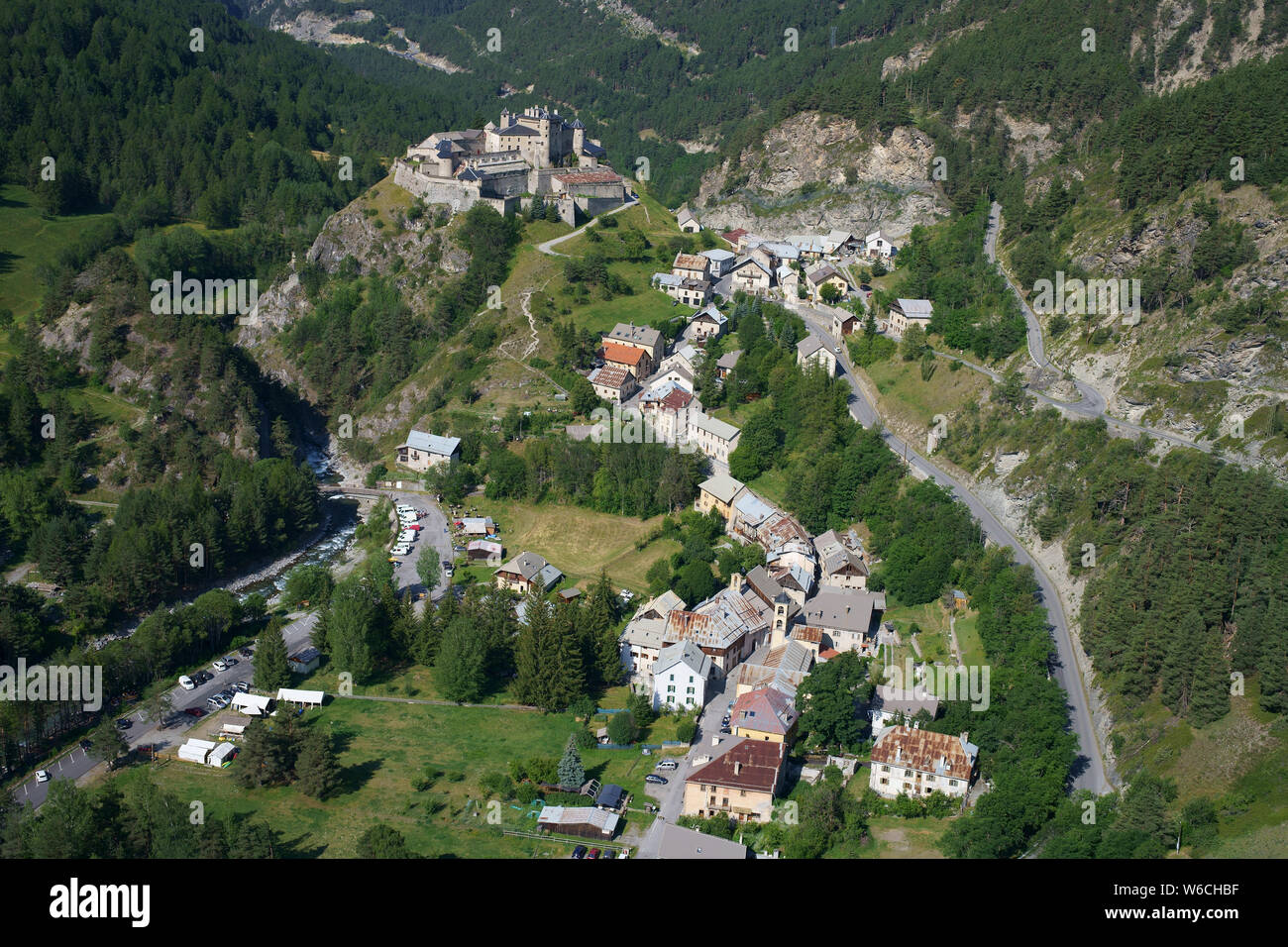 AERIAL VIEW. Château-Queyras and the medieval village of Château-Ville ...