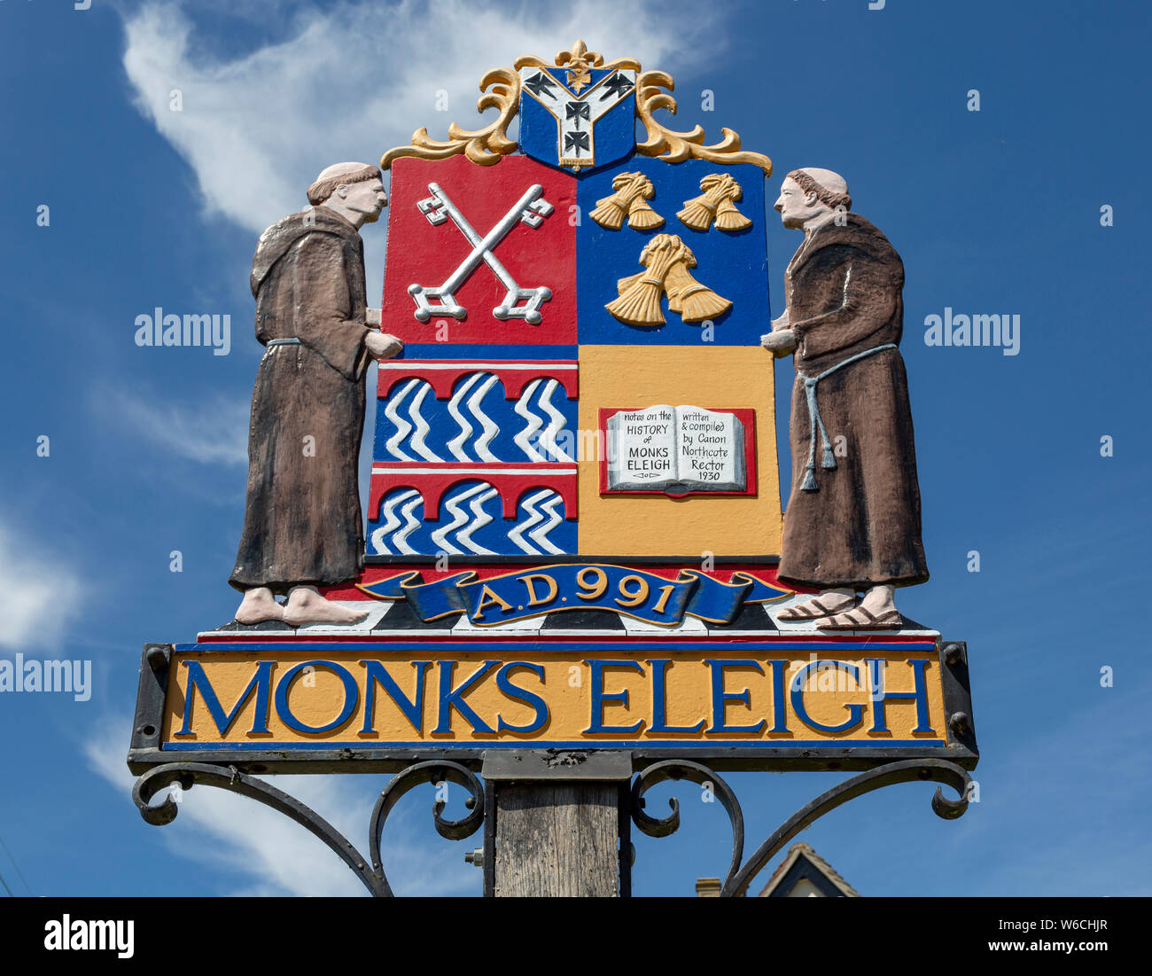 Two monks included in the village sign for Monks Eleigh, Suffolk ...