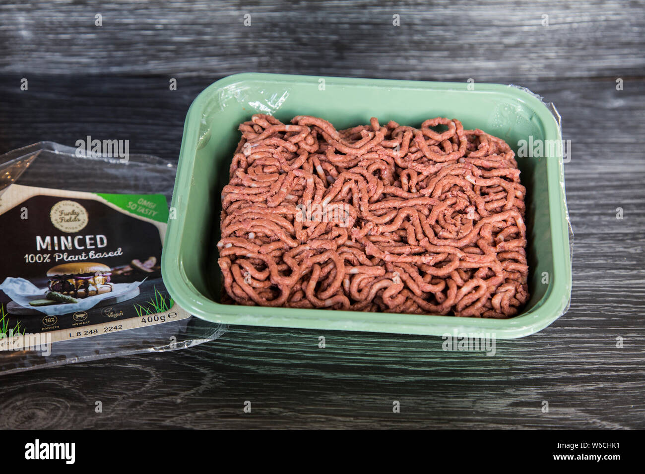 100% plant based vegan mince, Funky Fields brand. Future food, recycled ...