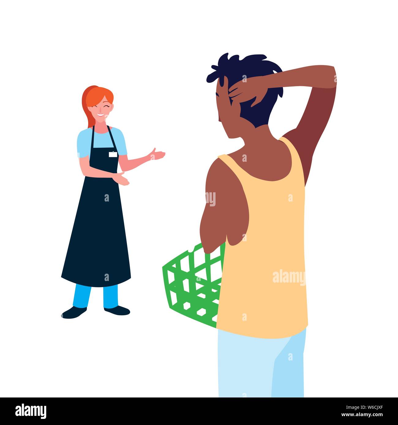 seller woman with customer holding basket vector illustration Stock ...