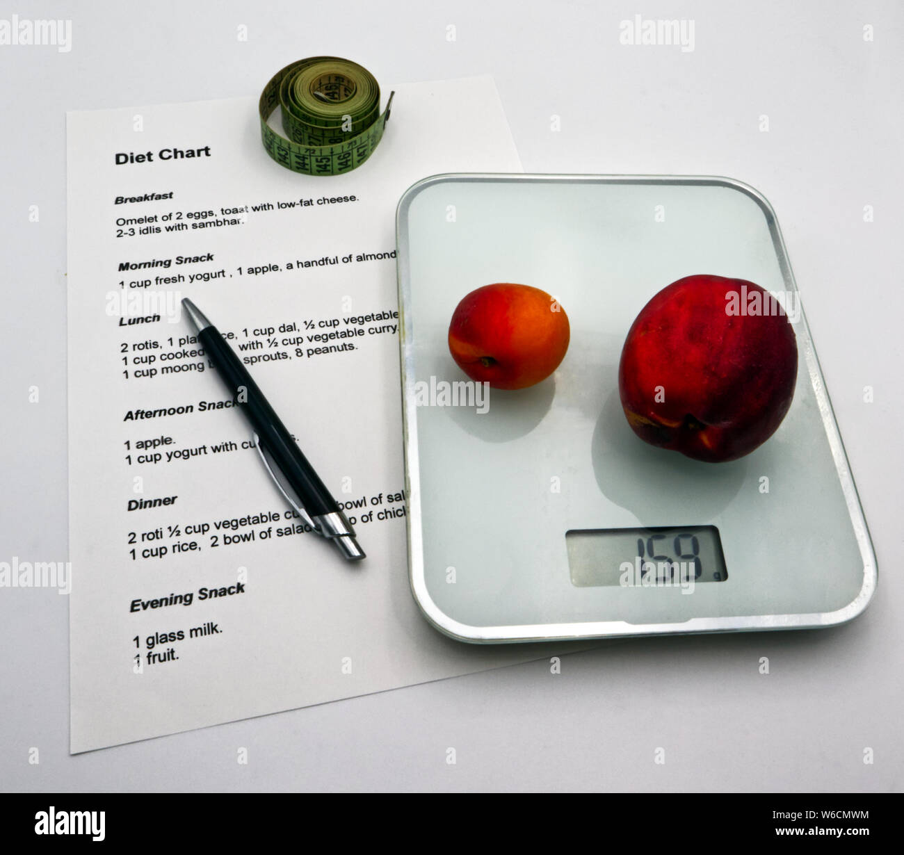 Diet chart, kitchen scale, measuring tape and a pen. Concept of dieting ...