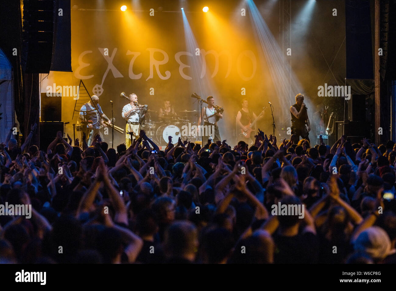 The band In Extremo on stage performing a concert during the festival ...