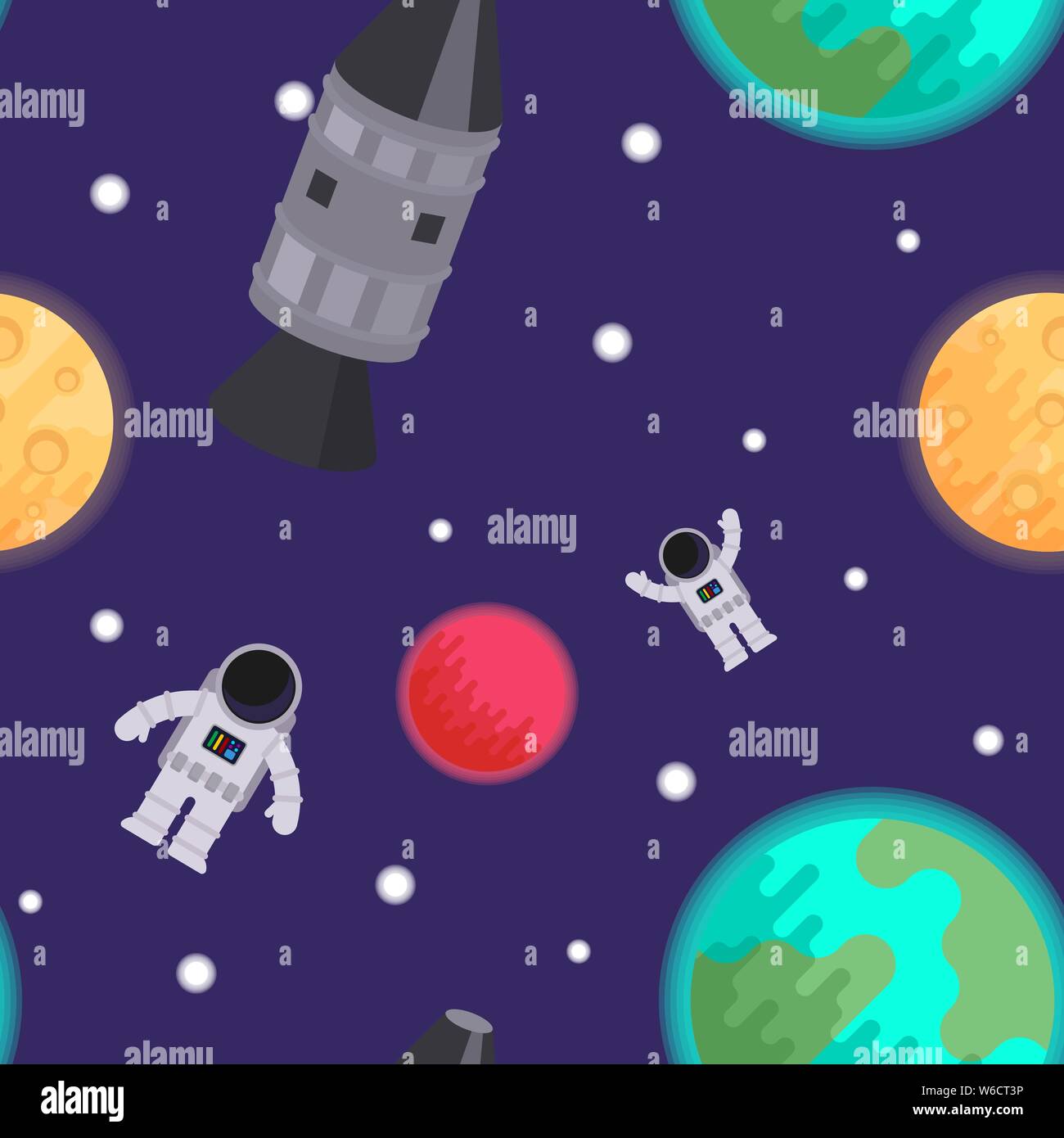 Seamless pattern: space with moon, planets, rockets and astronauts. Vector flat illustration ...