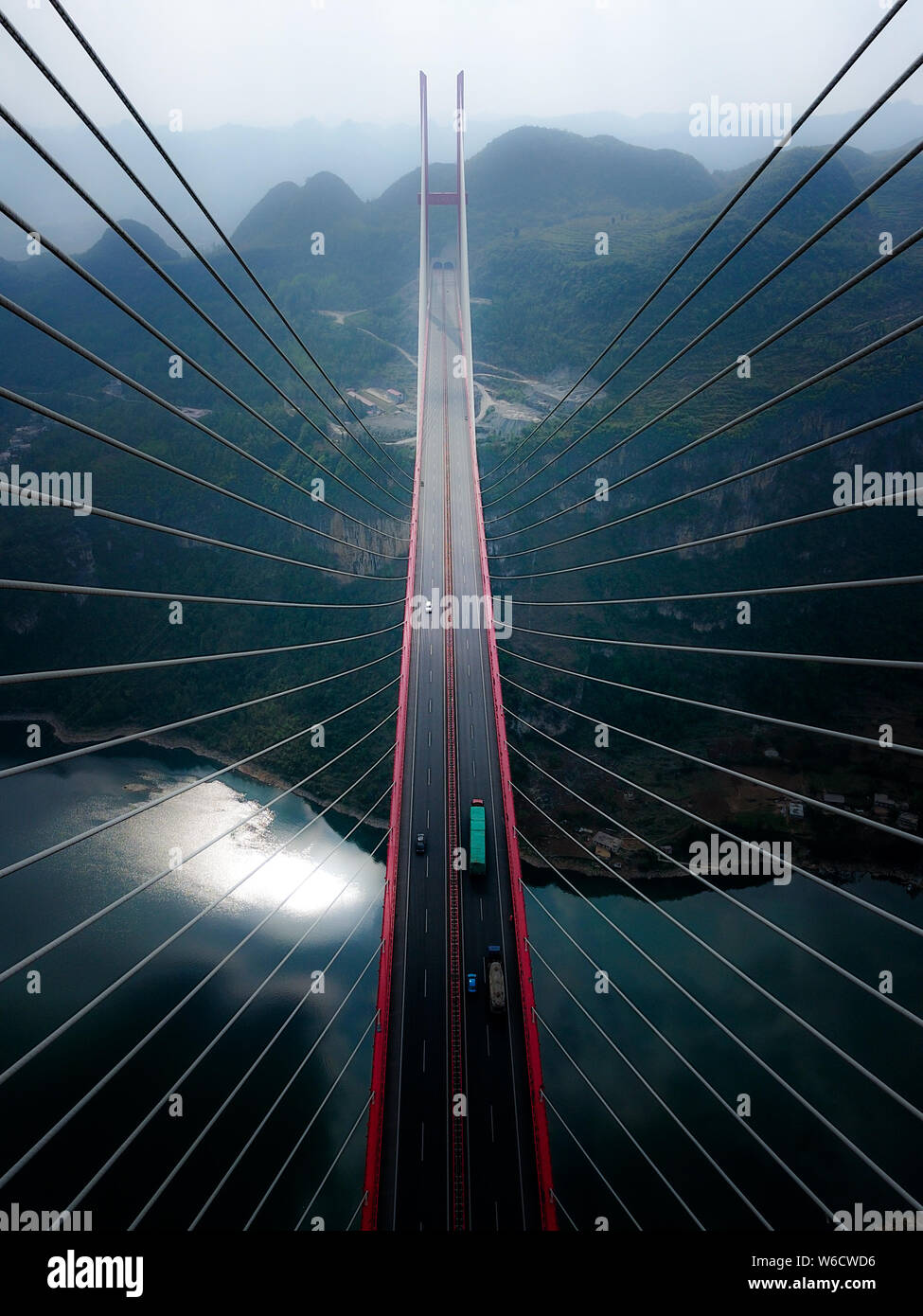 Aerial view of the Yachi River Bridge, one of the longest cable-stayed ...