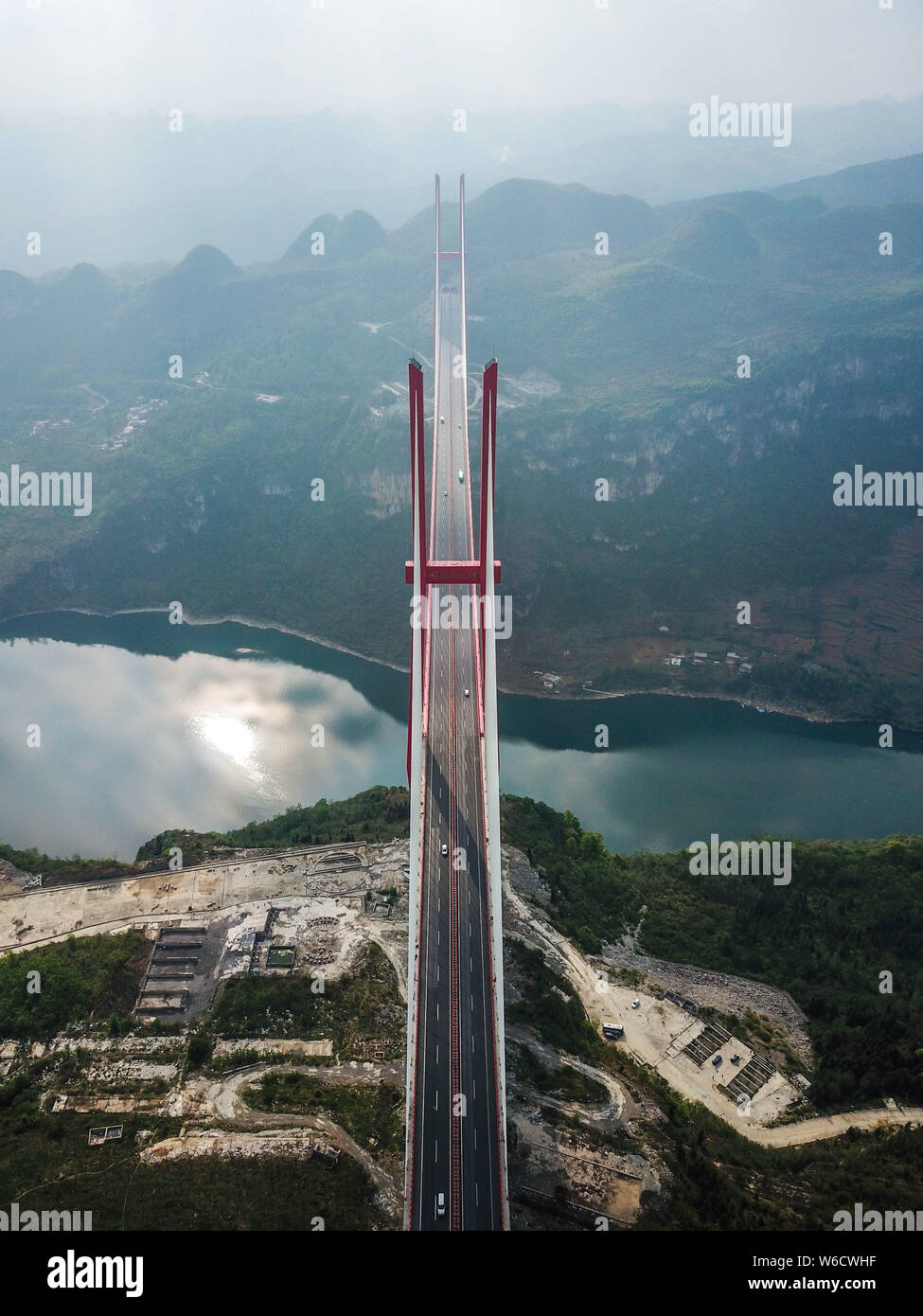 Aerial view of the Yachi River Bridge, one of the longest cable-stayed ...