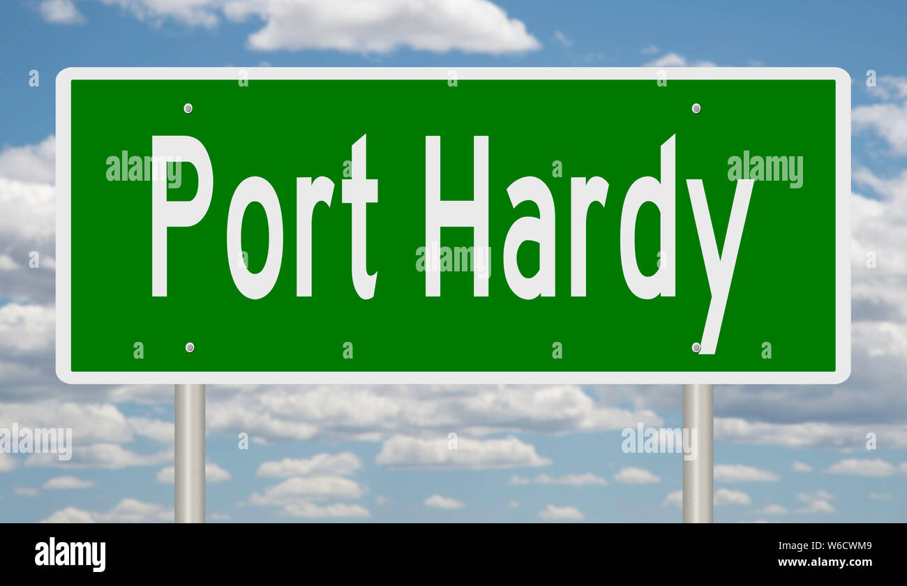Rendering of a green highway sign for Port Hardy British Columbia Stock ...