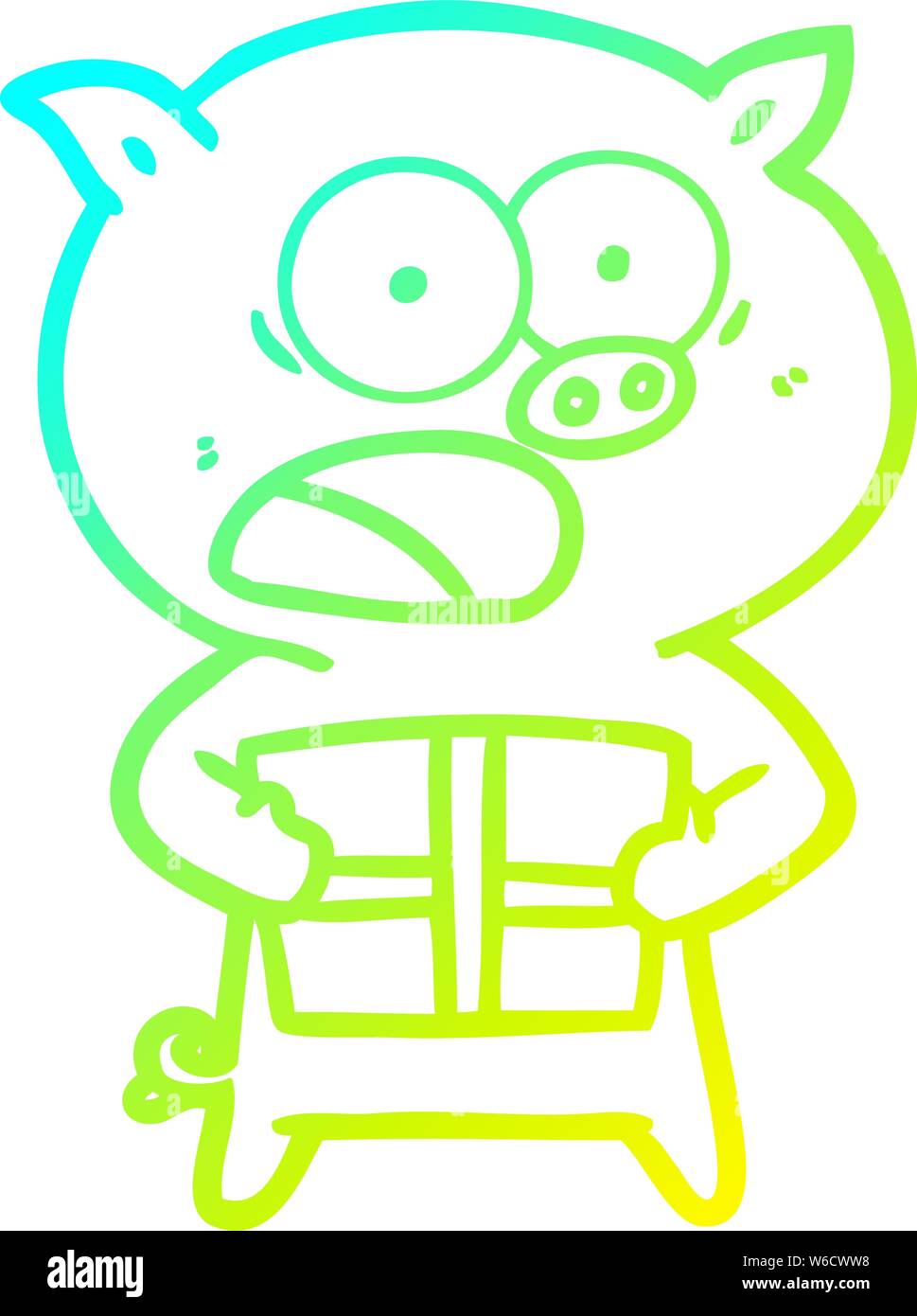 cold gradient line drawing of a cartoon pig with christmas present ...
