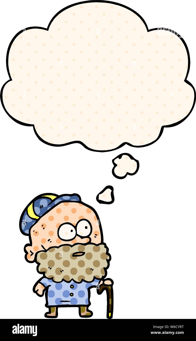 Cartoon Old Man With Walking Stick With Thought Bubble In Comic Book
