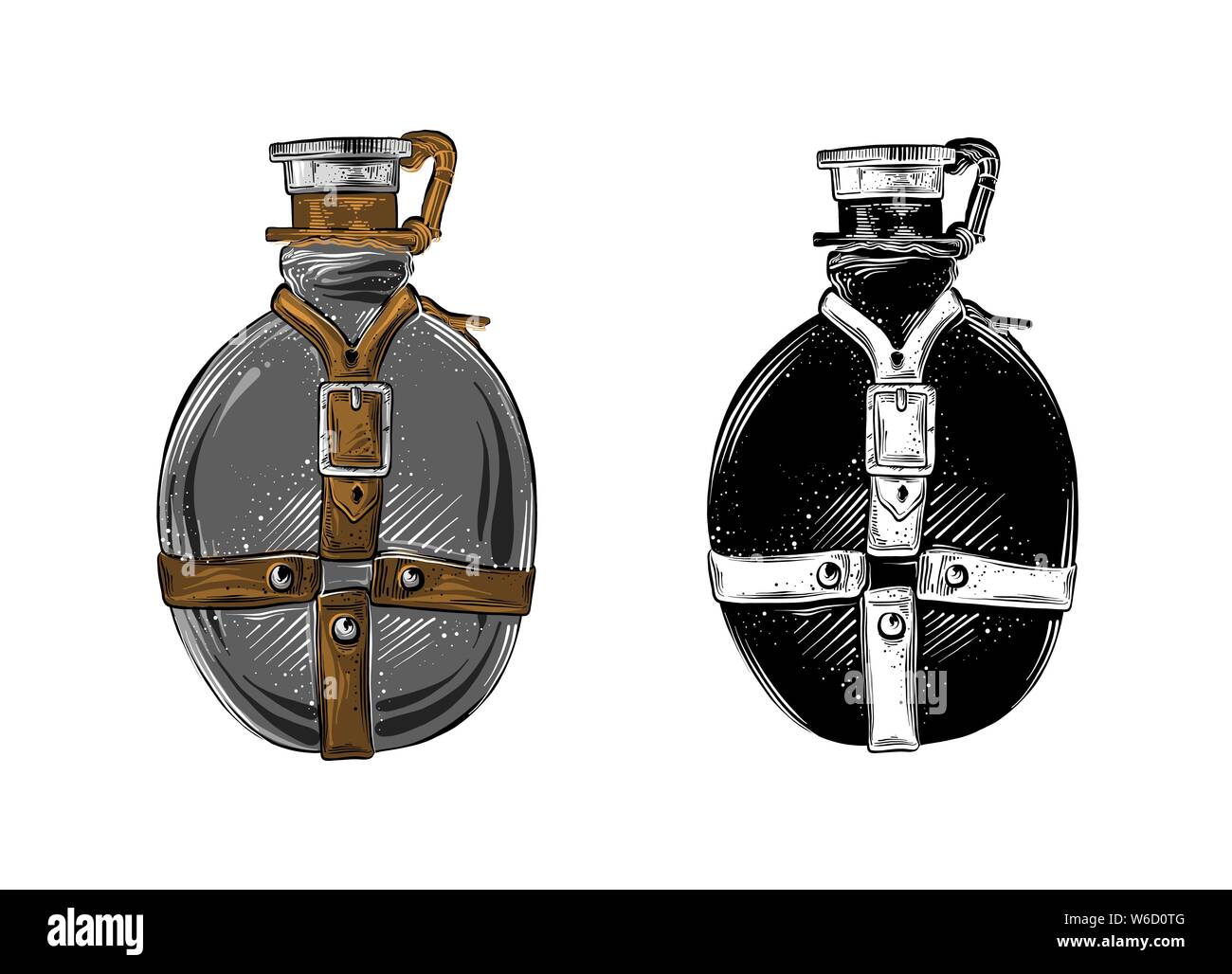 Hand drawn sketch of travel flask in gray color isolated on white background. Detailed vintage ...