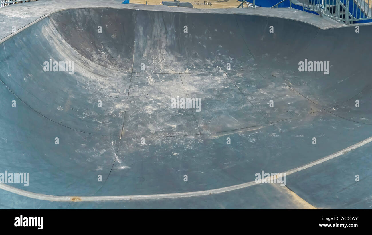 Panorama Conctere skate park with close view of the bowl shaped skating ...