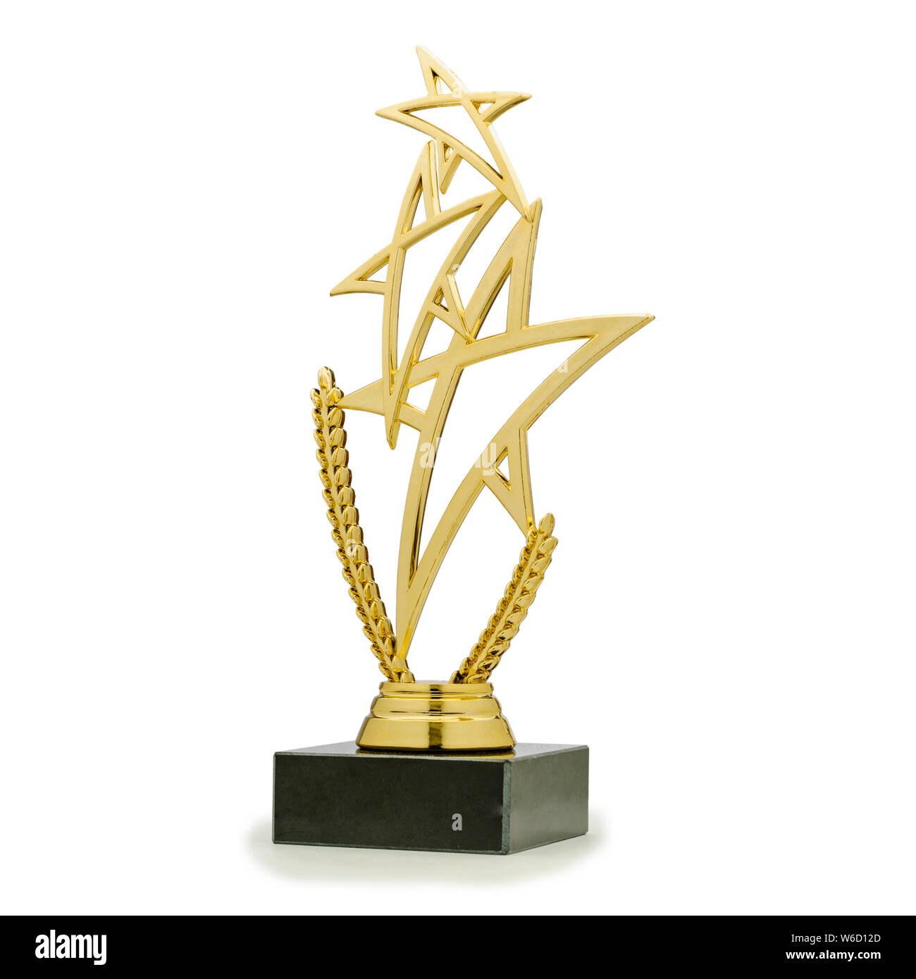 Golden shiny trophy with pedestal in shape of triple star on white ...