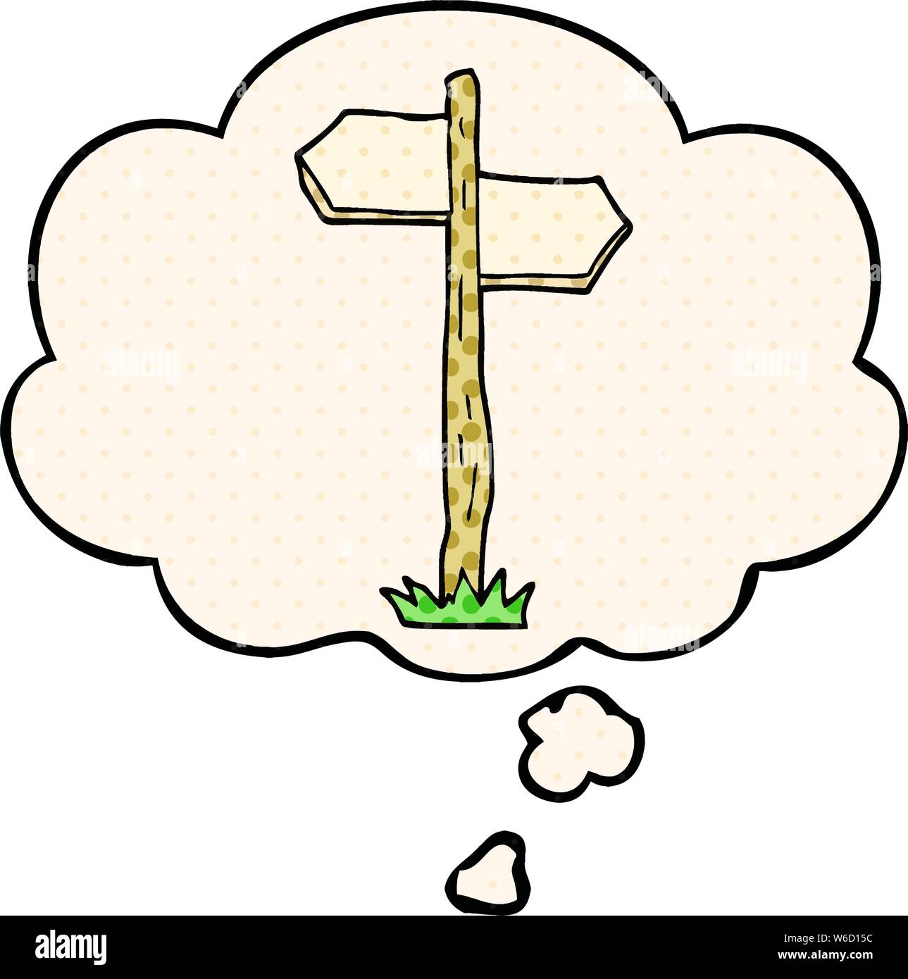 cartoon old direction sign with thought bubble in comic book style ...