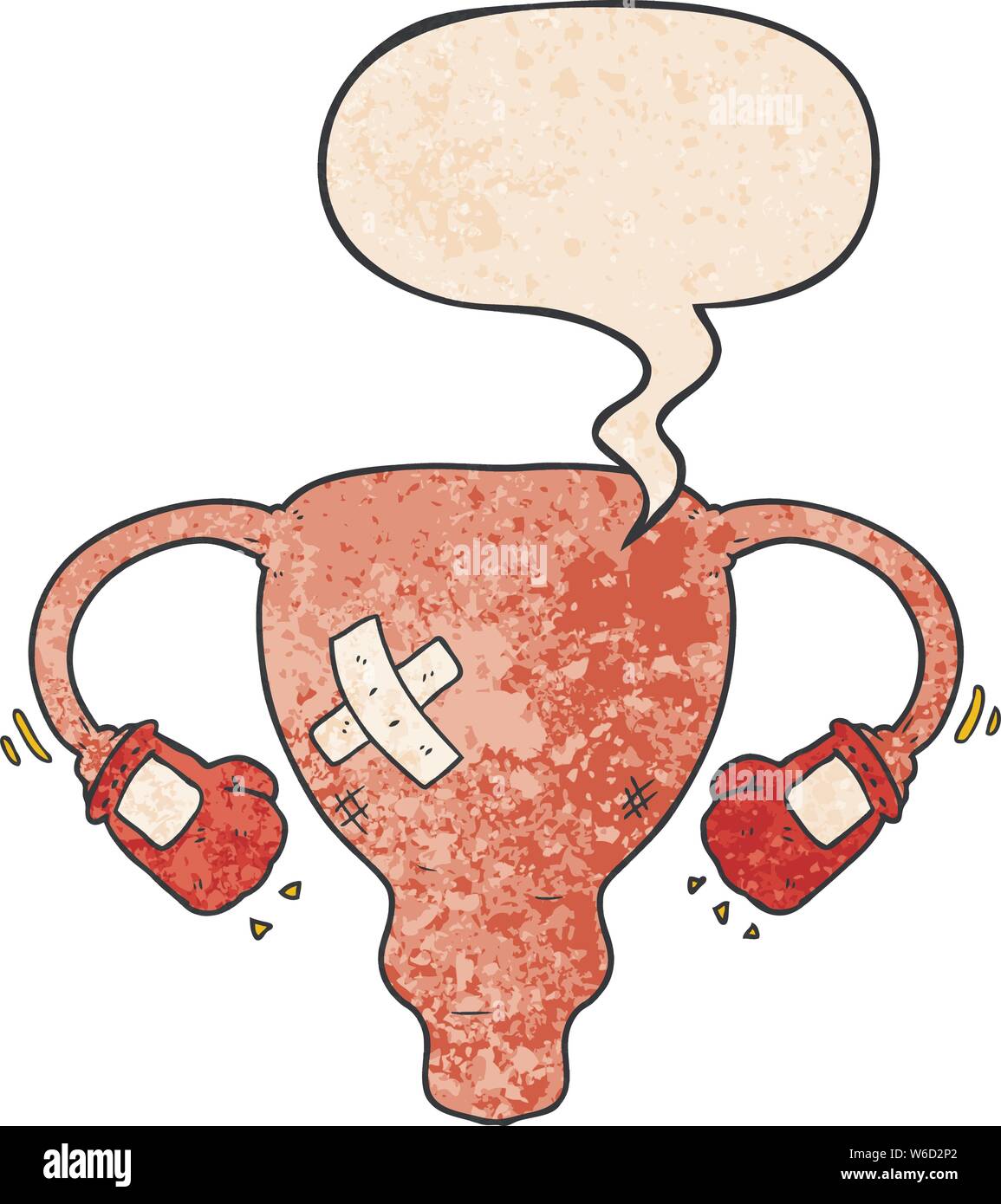 cartoon beat up uterus with boxing gloves with speech bubble in retro ...