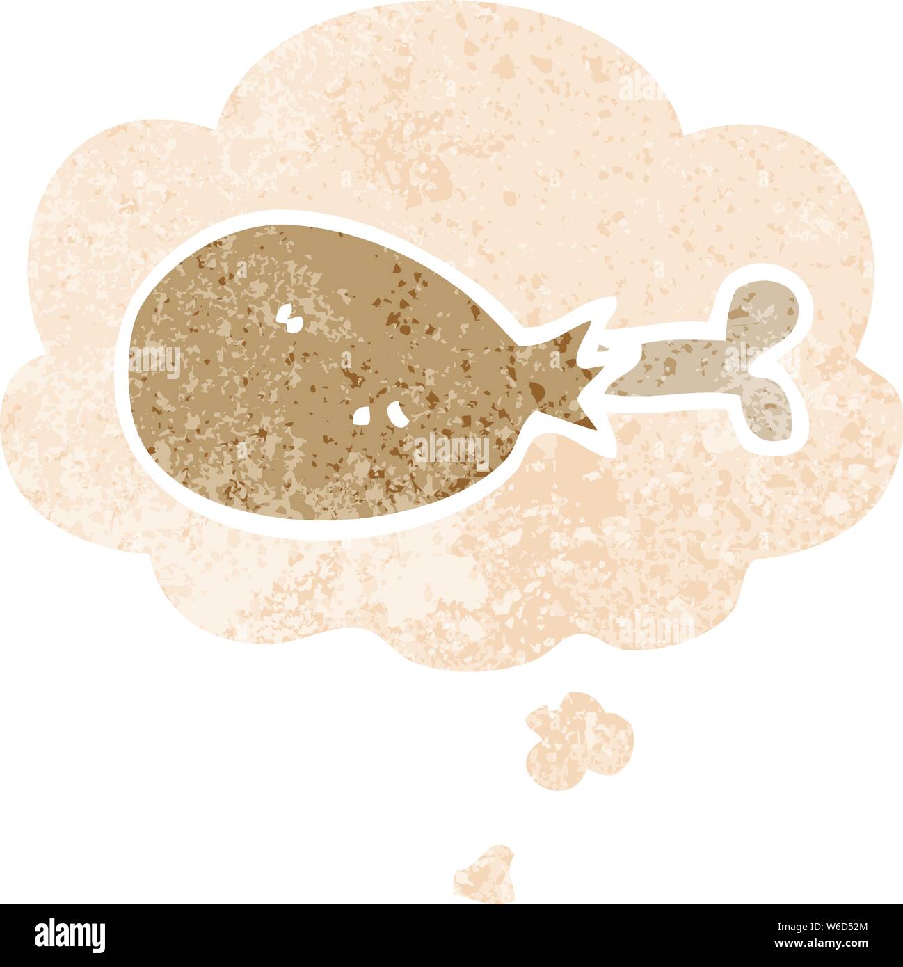 cartoon cooked chicken leg with thought bubble in grunge distressed ...