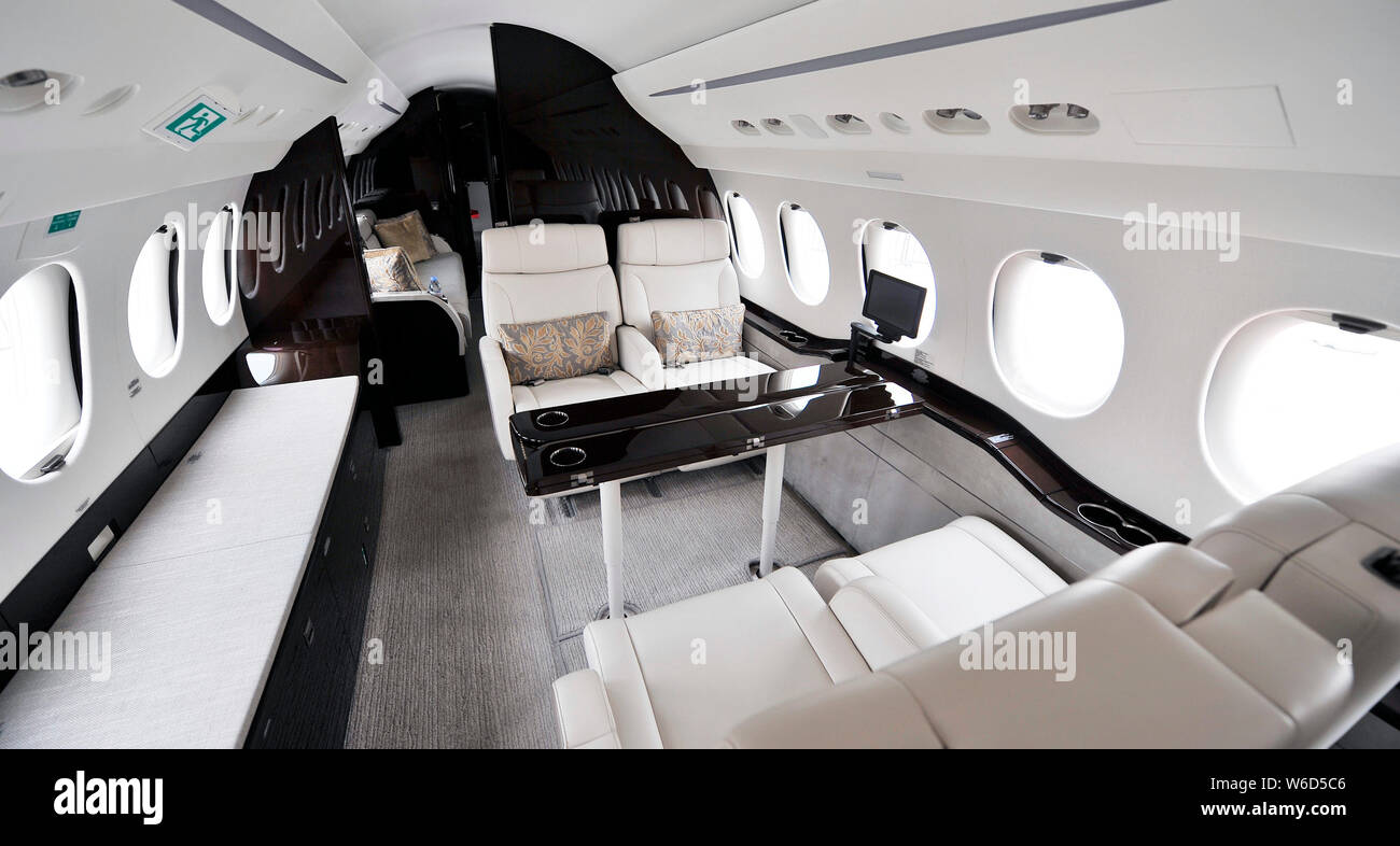 Interior view of the cabin of a Dassault Falcon 8X long-range business ...