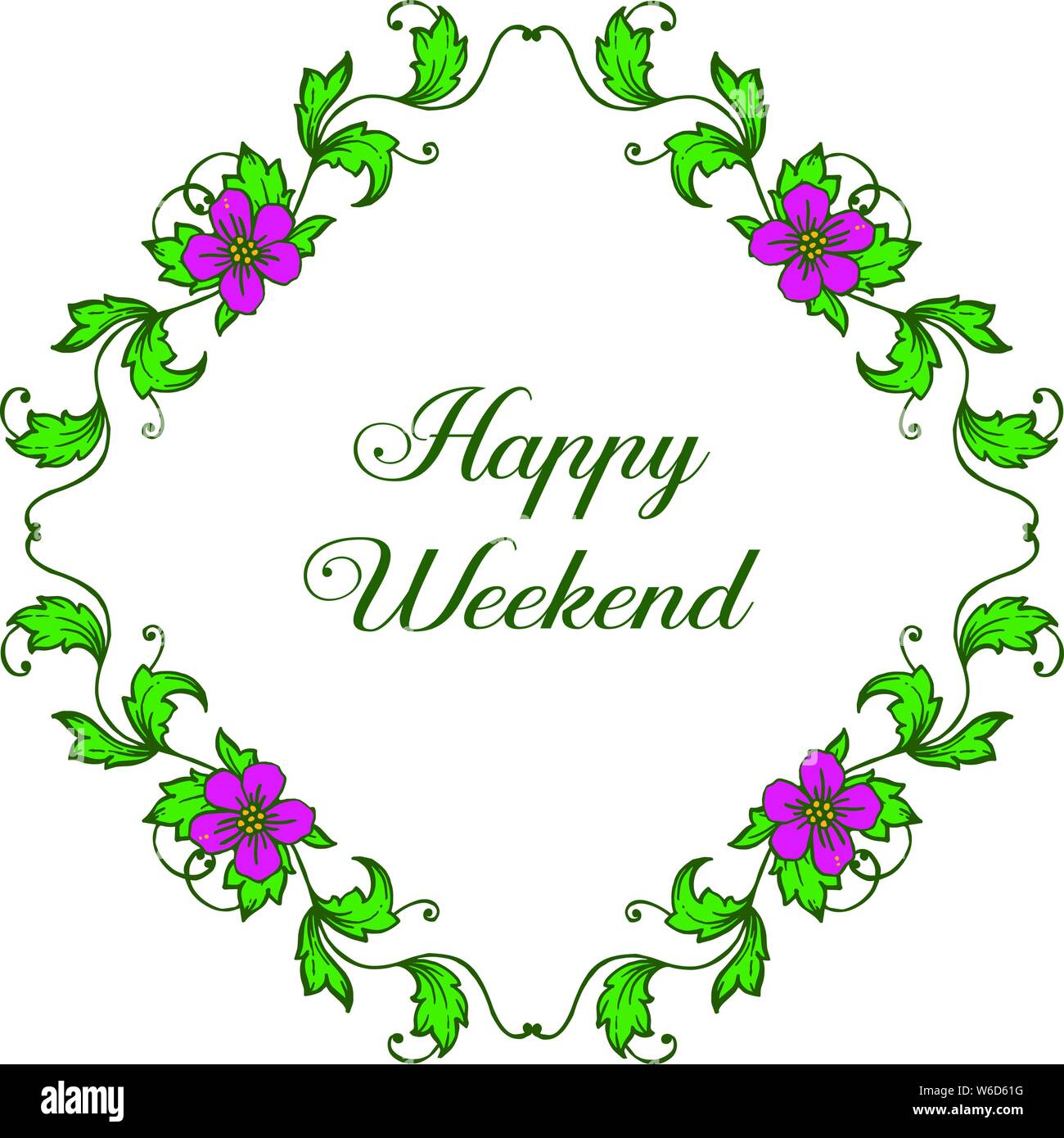 Lettering happy weekend, texture purple flower frame elegant. Vector ...