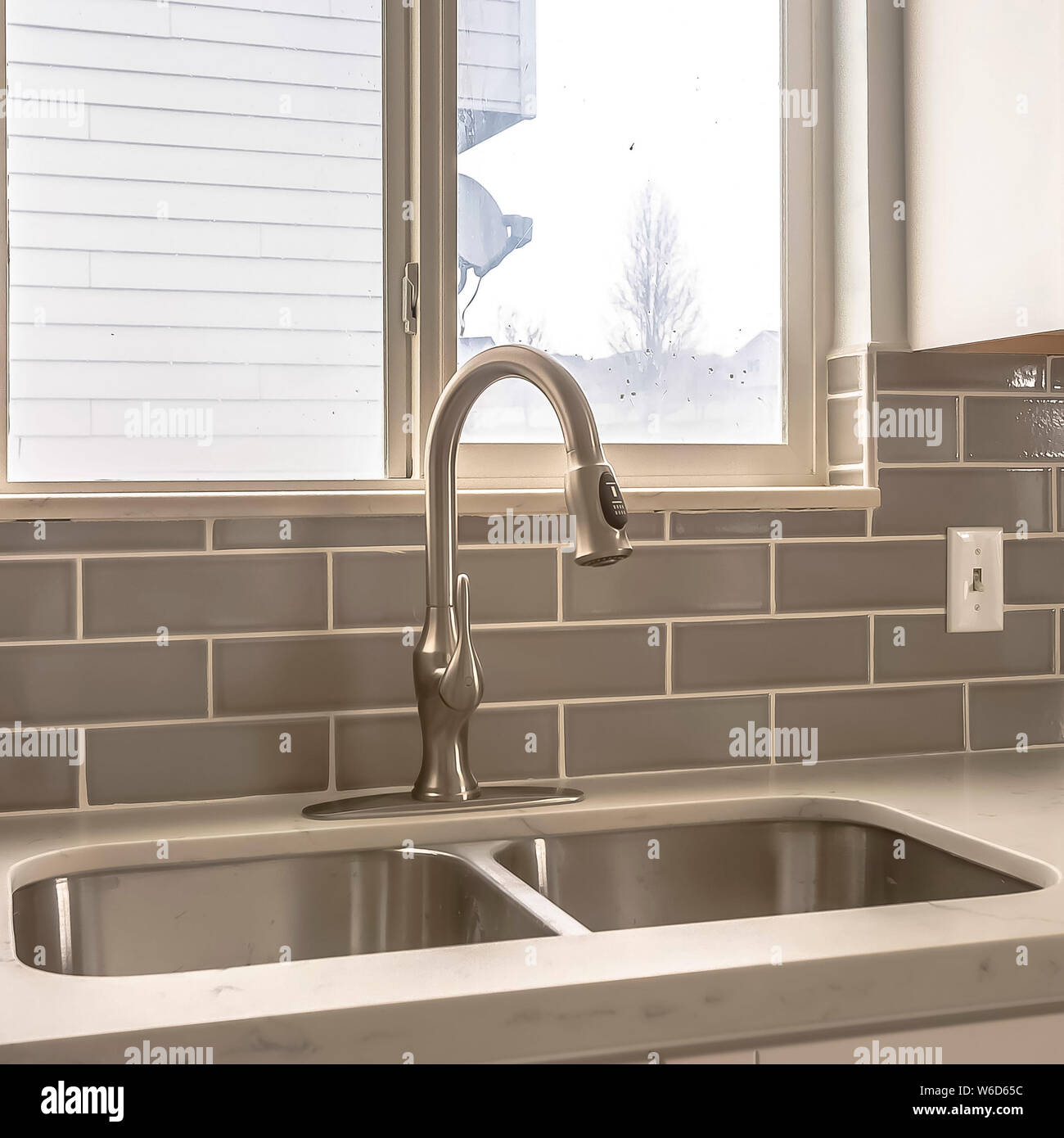 Square Polished kitchen countertop with double basin stainless steel ...