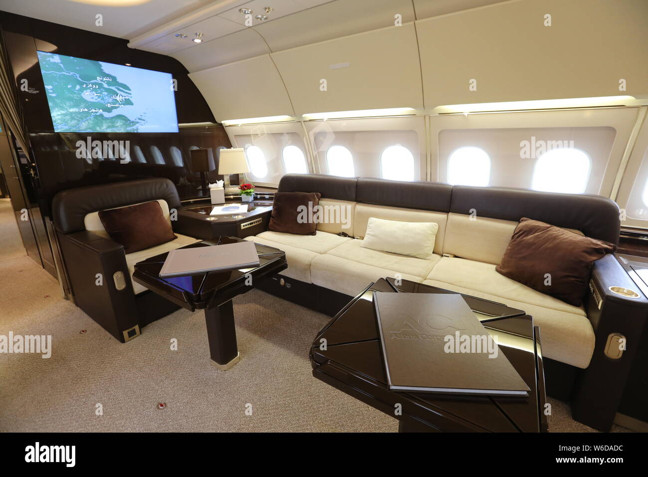 Interior view of the cabin of an Airbus ACJ318 operated by Abu Dhabi's ...