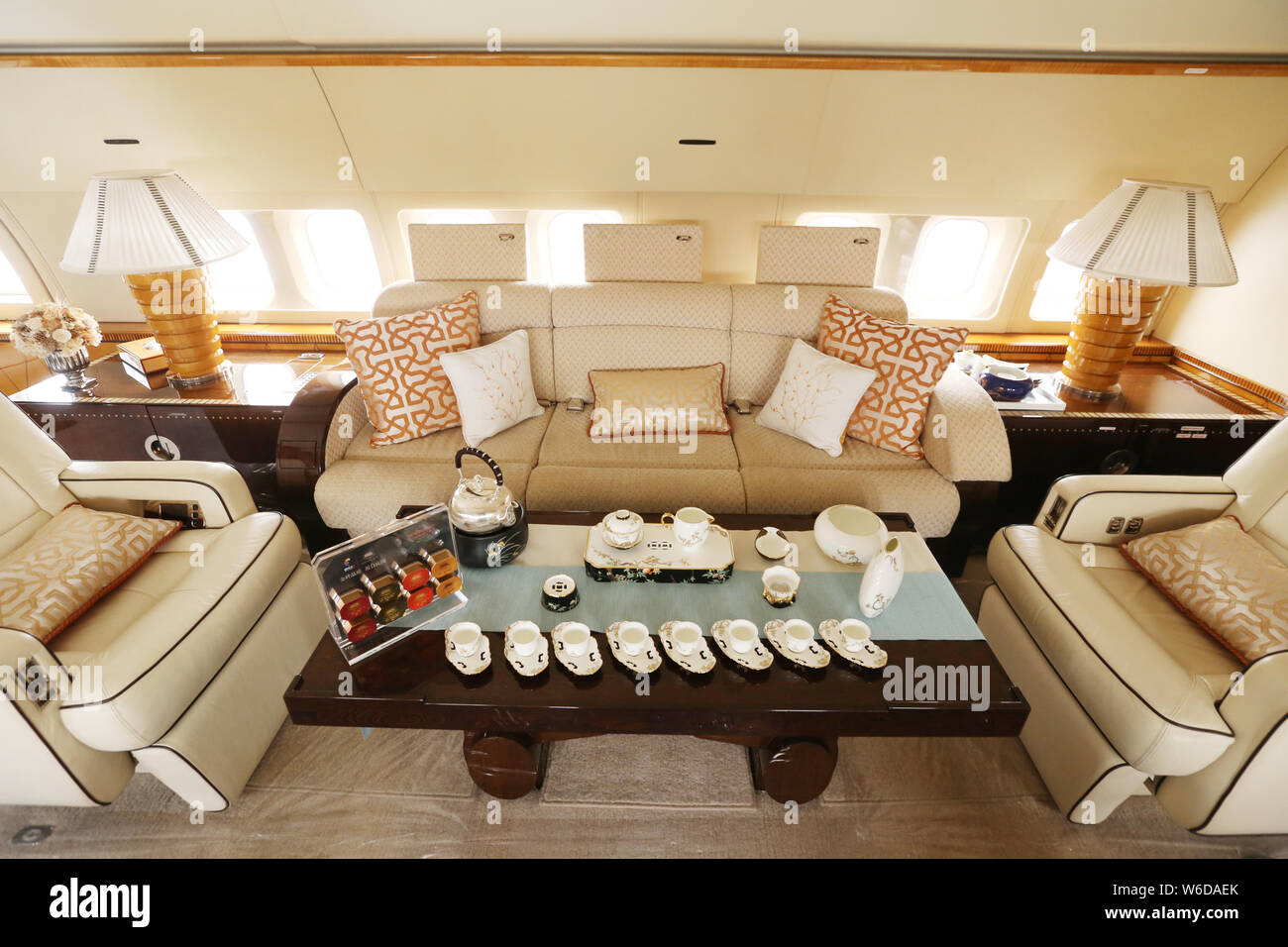 Interior view of the cabin of a 737-700 jet airliner of BBJ (Boeing ...