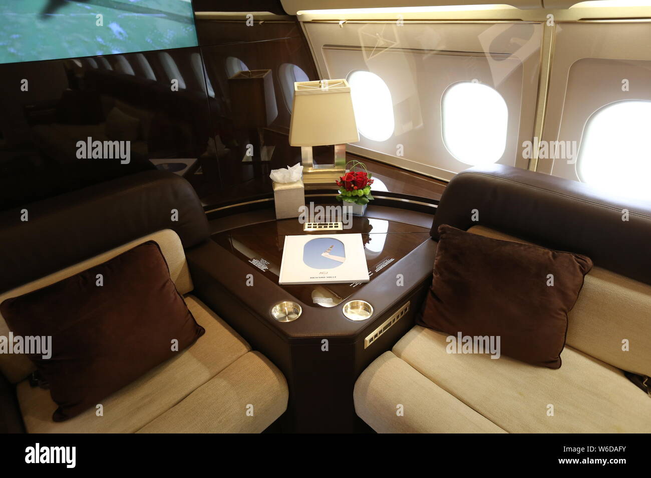 Interior view of the cabin of an Airbus ACJ318 operated by Abu Dhabi's ...