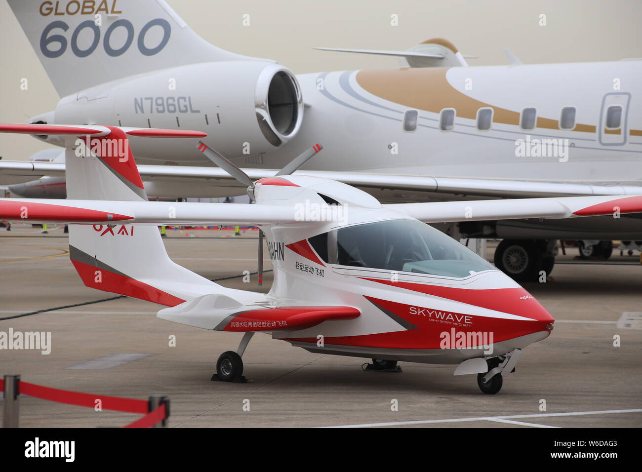 An Oxai Skywave amphibious airplane is on display ahead of the 2018 ...