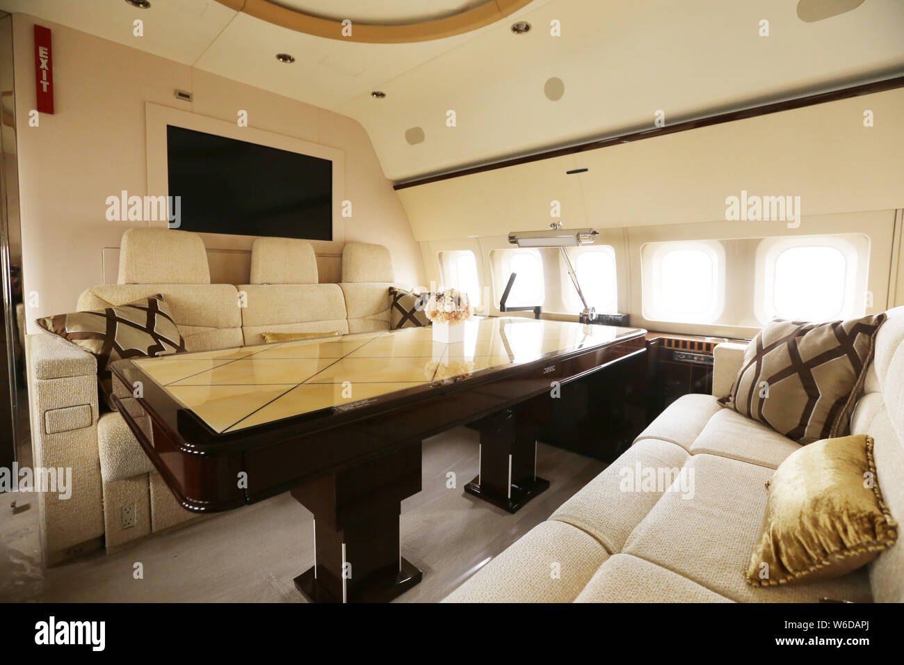 Interior view of the cabin of a 737-700 jet airliner of BBJ (Boeing ...