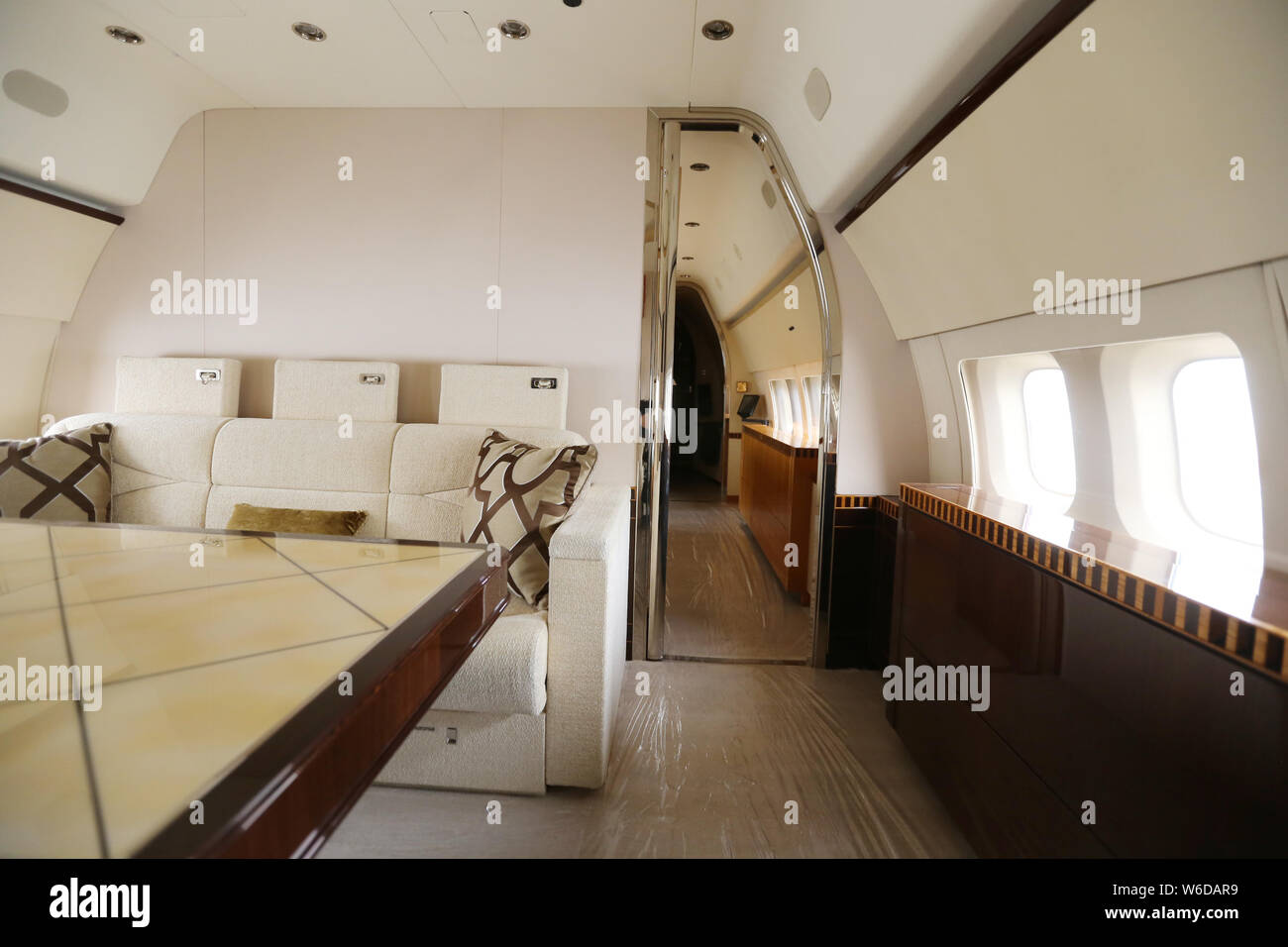 Interior view of the cabin of a 737-700 jet airliner of BBJ (Boeing ...