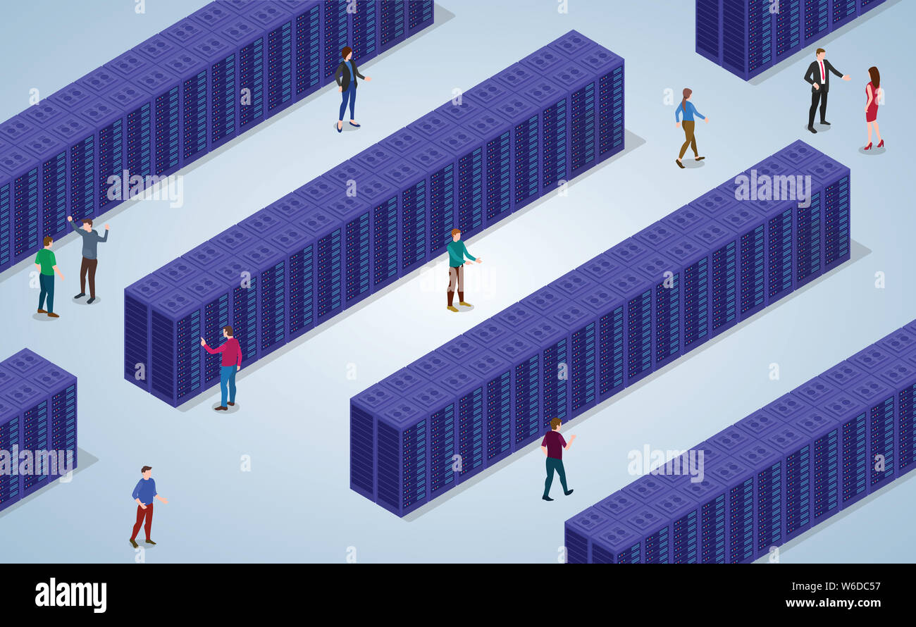 big data center with many server room block with modern isometric flat style and team people ...