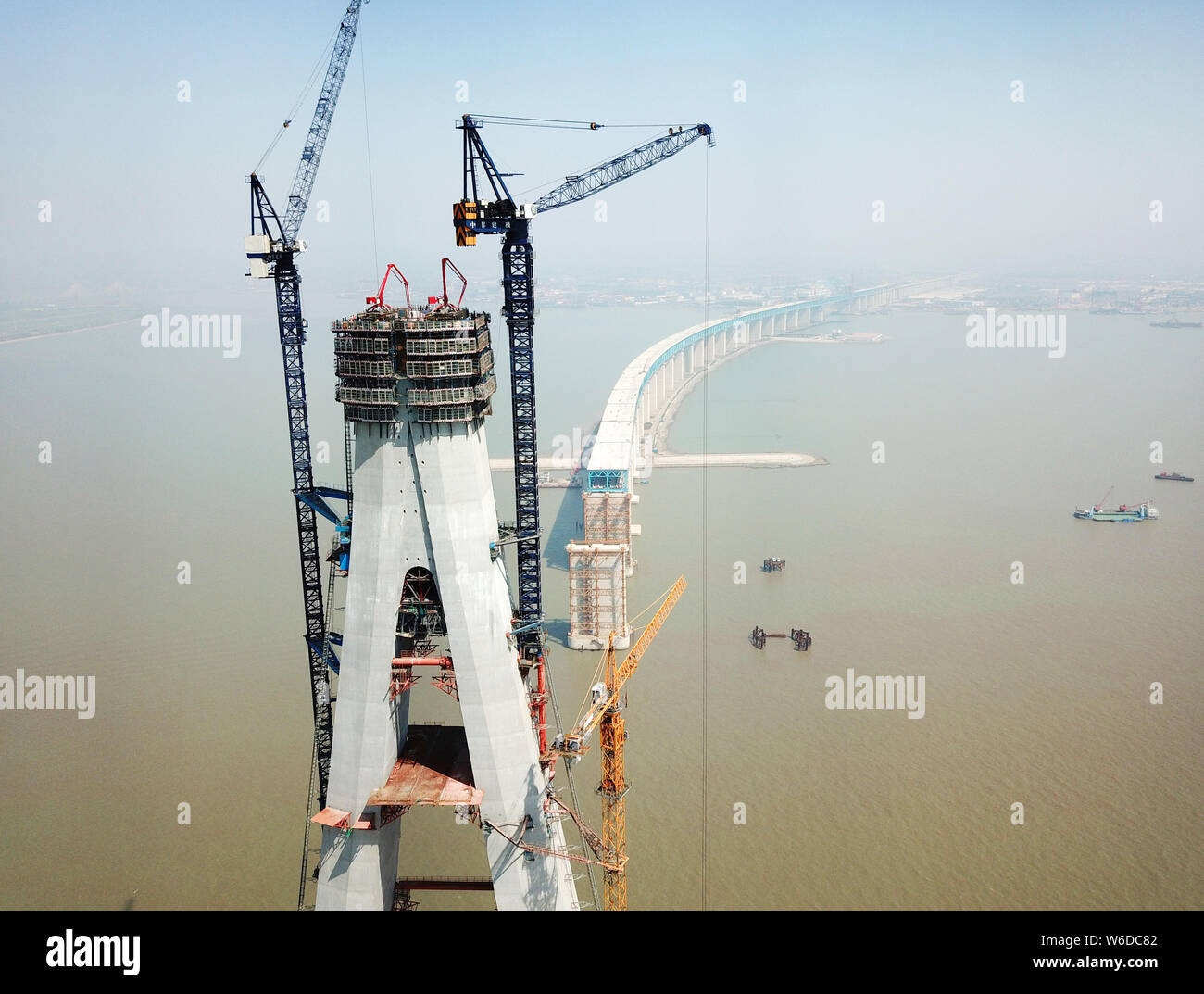 Aerial view of the No.28 main pier of the world's longest cable-stayed ...