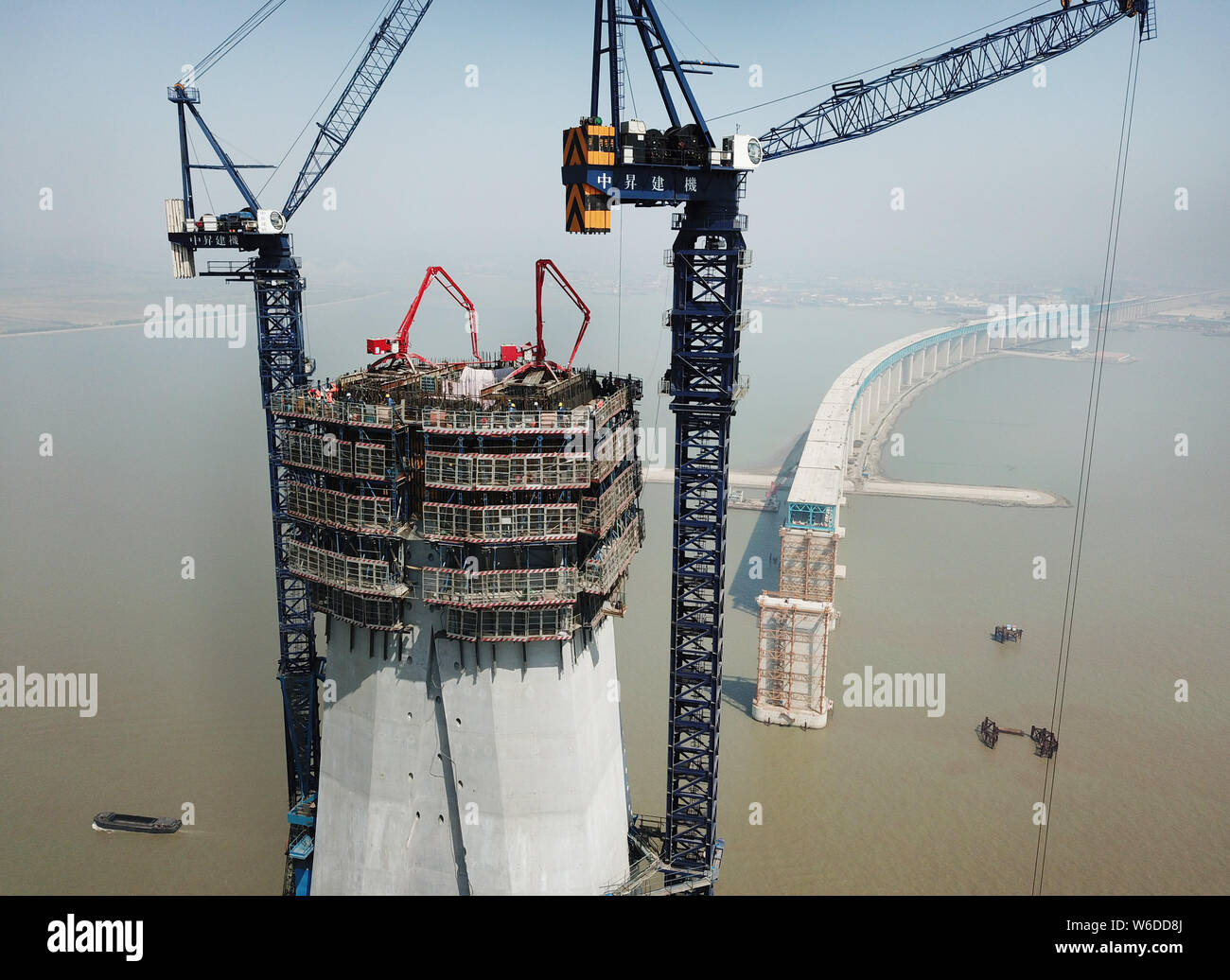 Aerial view of the No.28 main pier of the world's longest cable-stayed ...