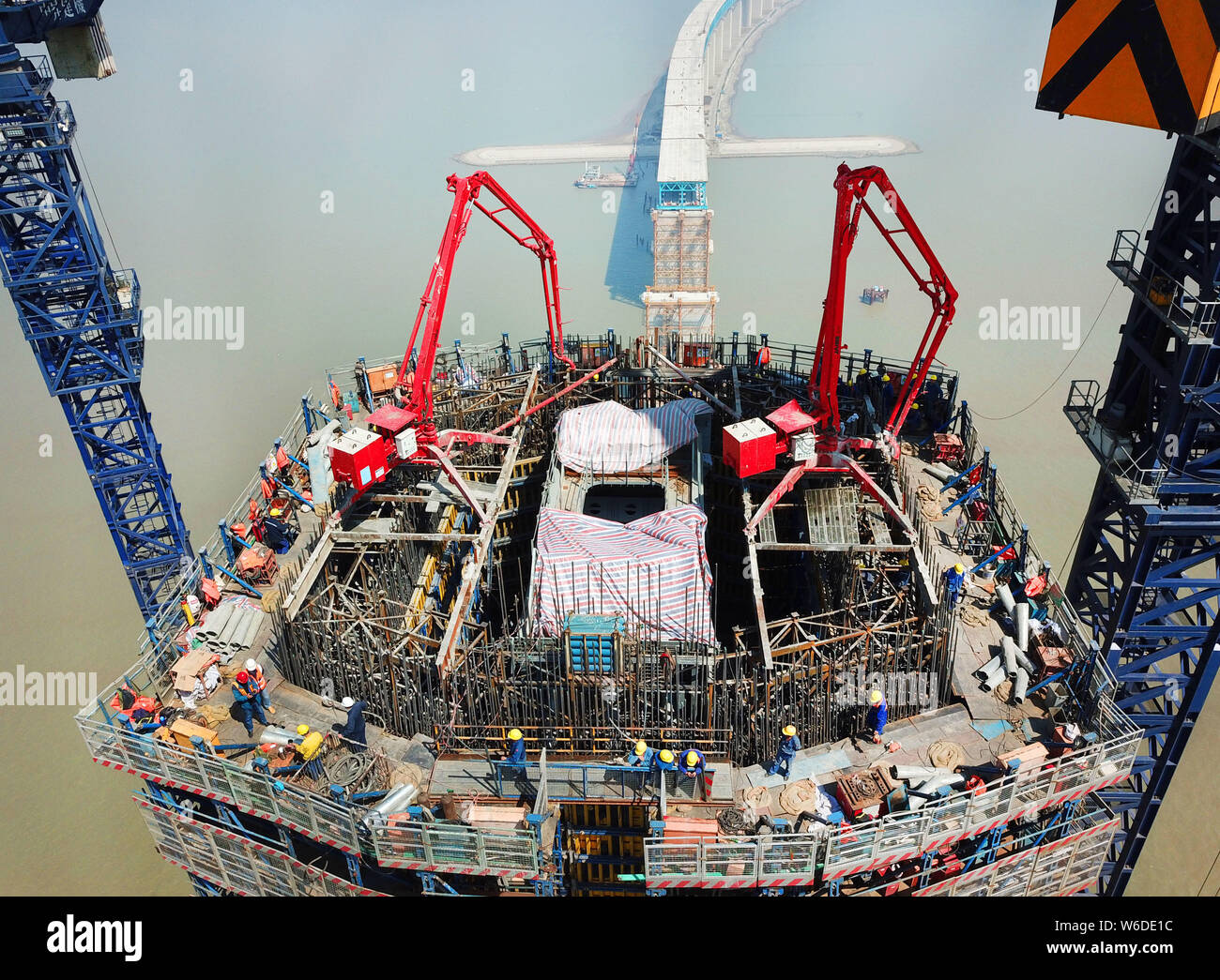 Aerial view of the No.28 main pier of the world's longest cable-stayed ...