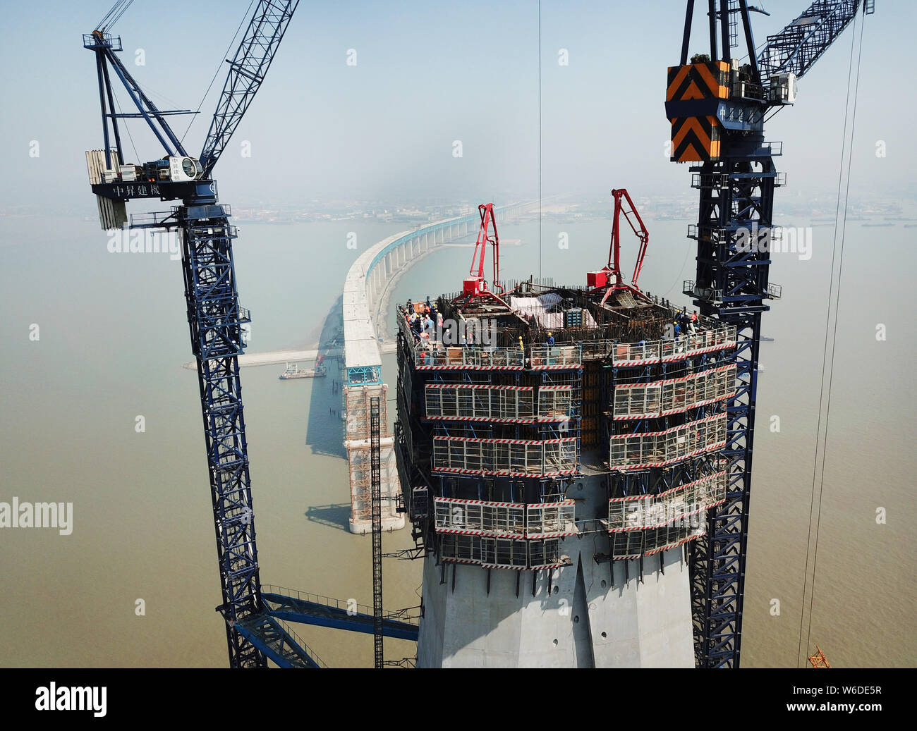 Aerial view of the No.28 main pier of the world's longest cable-stayed ...