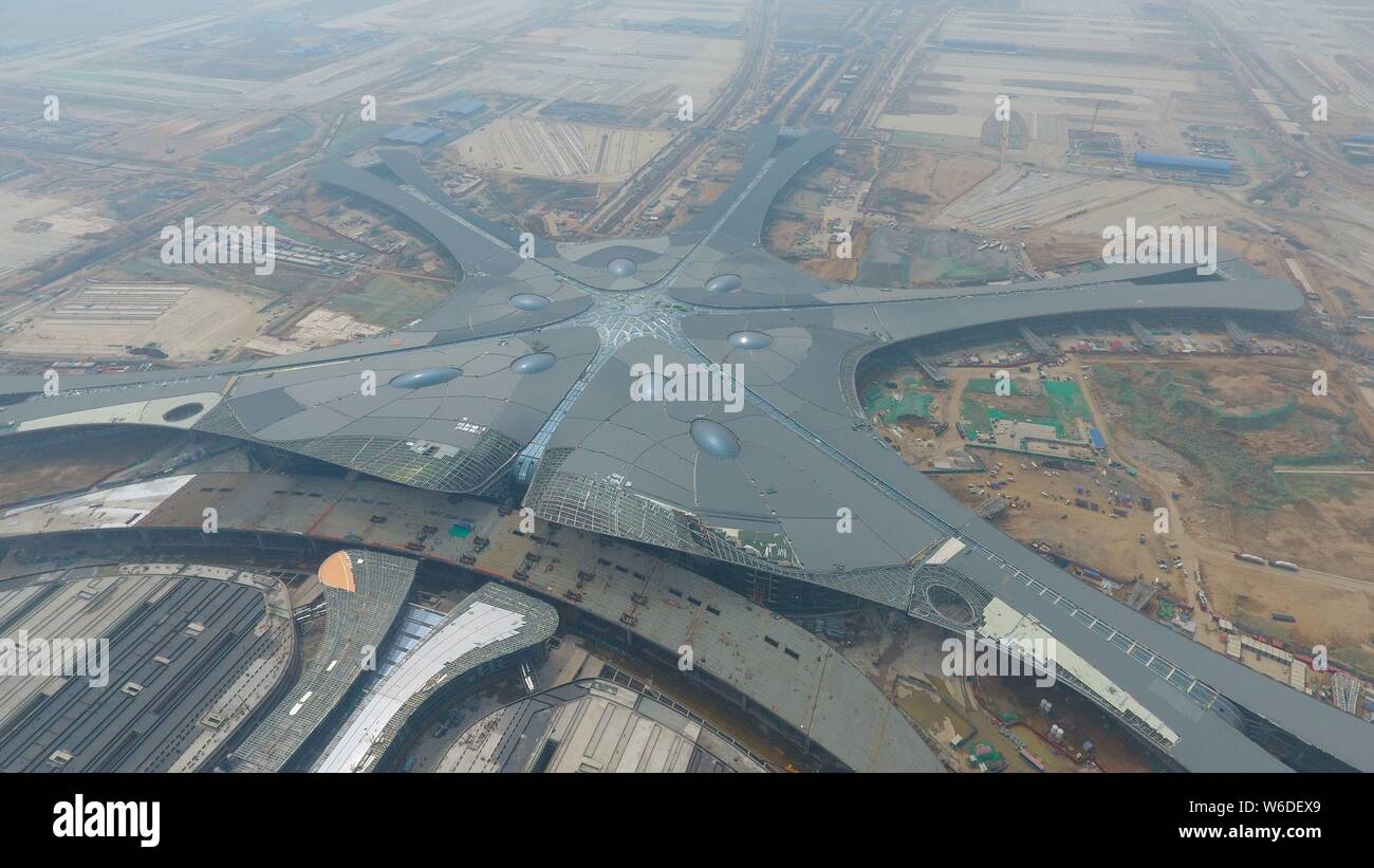 Aerial view of the construction site of the new Beijing airport in ...
