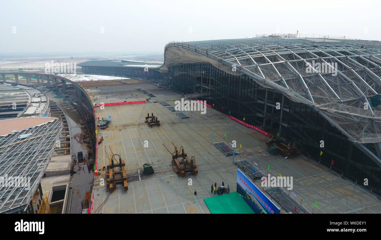 Aerial view of the construction site of the new Beijing airport in ...