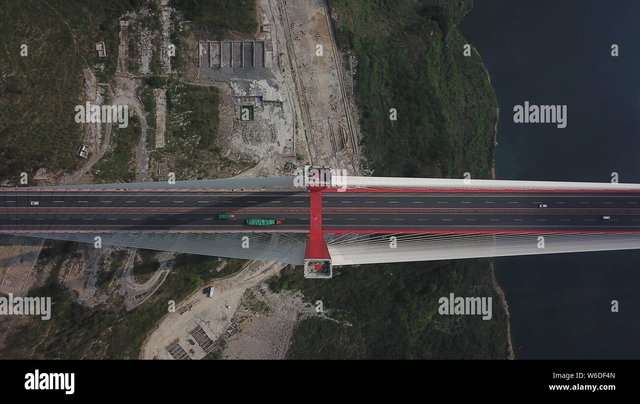 Aerial view of the Yachi River Bridge, one of the longest cable-stayed ...
