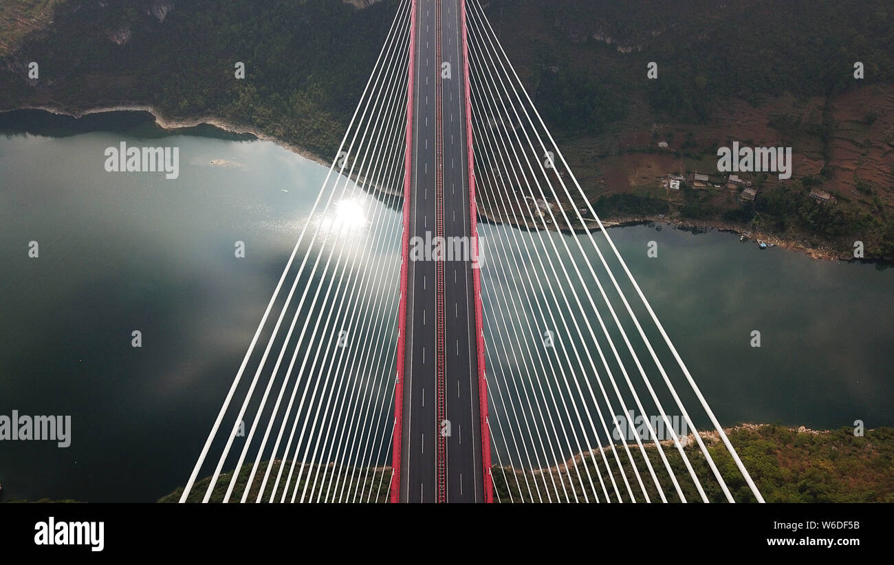 Aerial view of the Yachi River Bridge, one of the longest cable-stayed ...